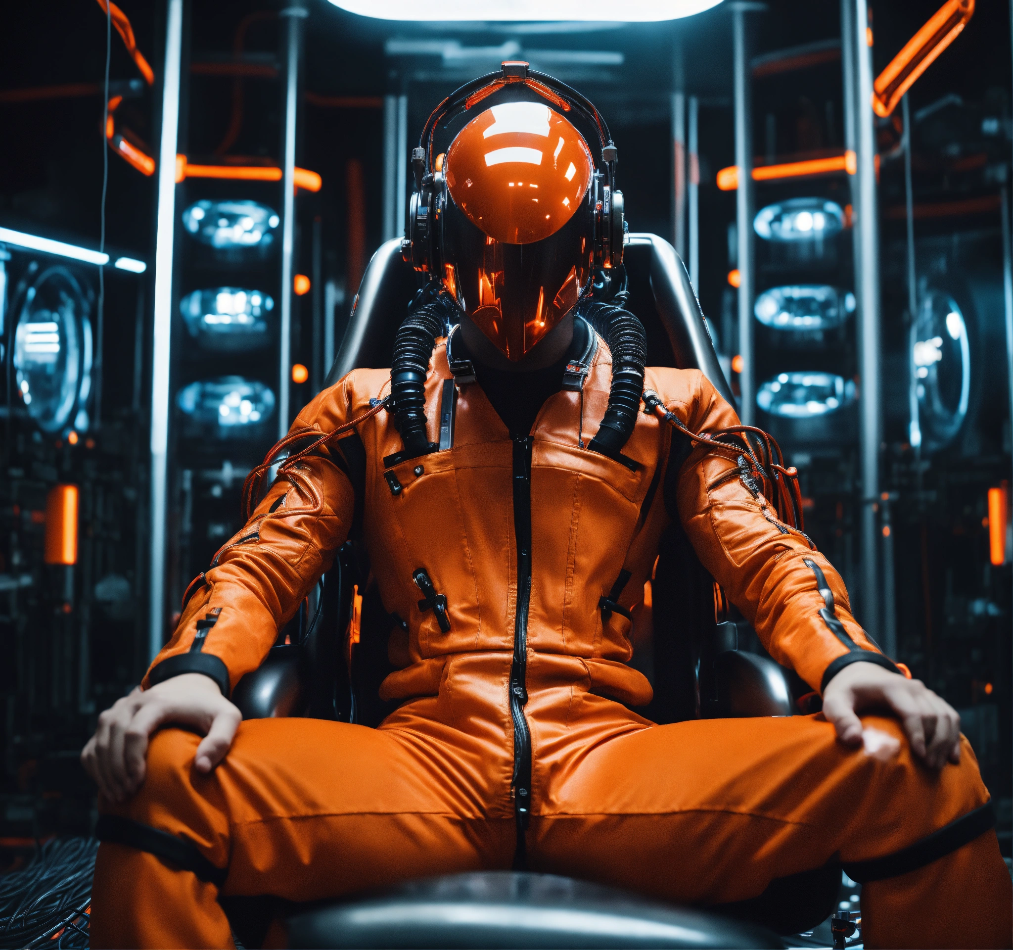 Lexica - Clean cut dark hair guy in futuristic orange jumpsuit is ...