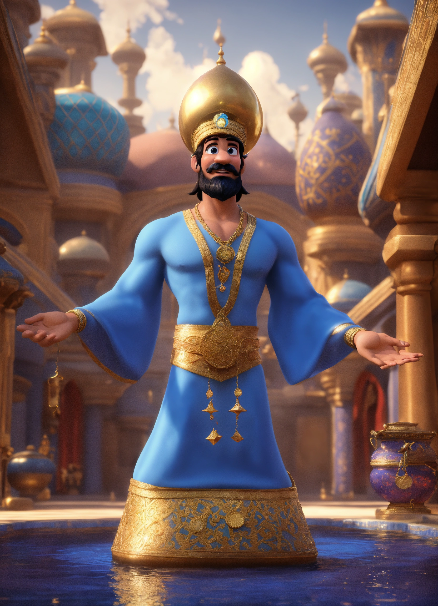 Lexica - Create a 3D rendering of a magical blue Arabian male genie ...