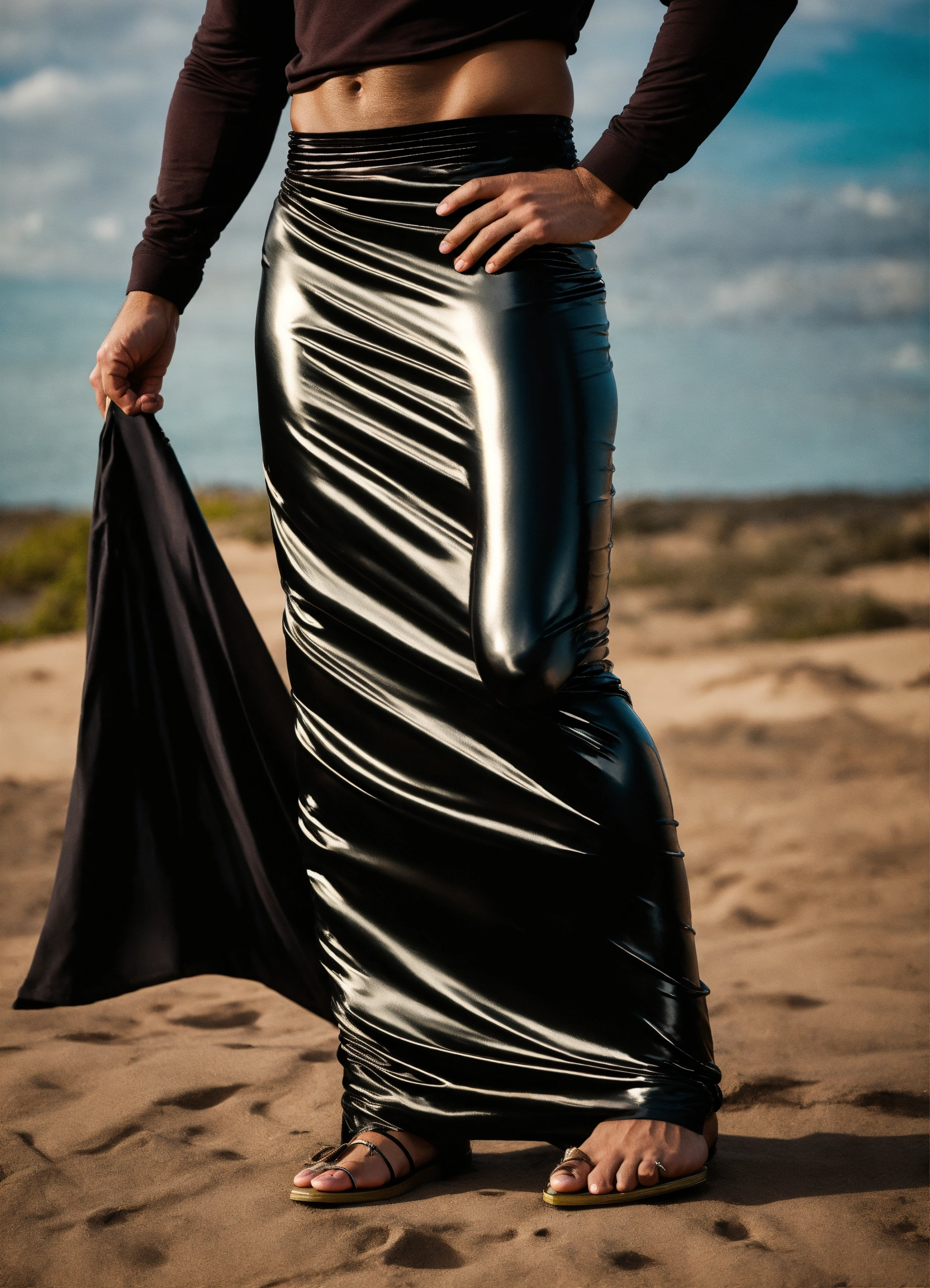 Lexica - Close up of Man wearing shiny black figure-hugging pencil maxi ...