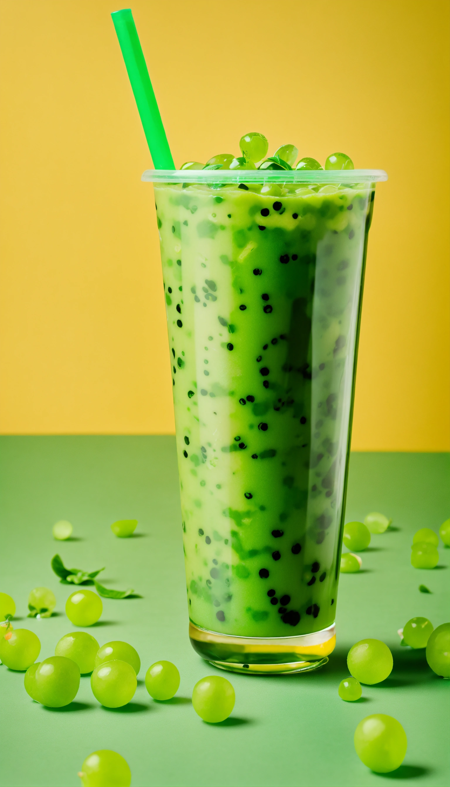 Lexica - Floating green boba tea. A lot of bobas. Stickers on cup ...