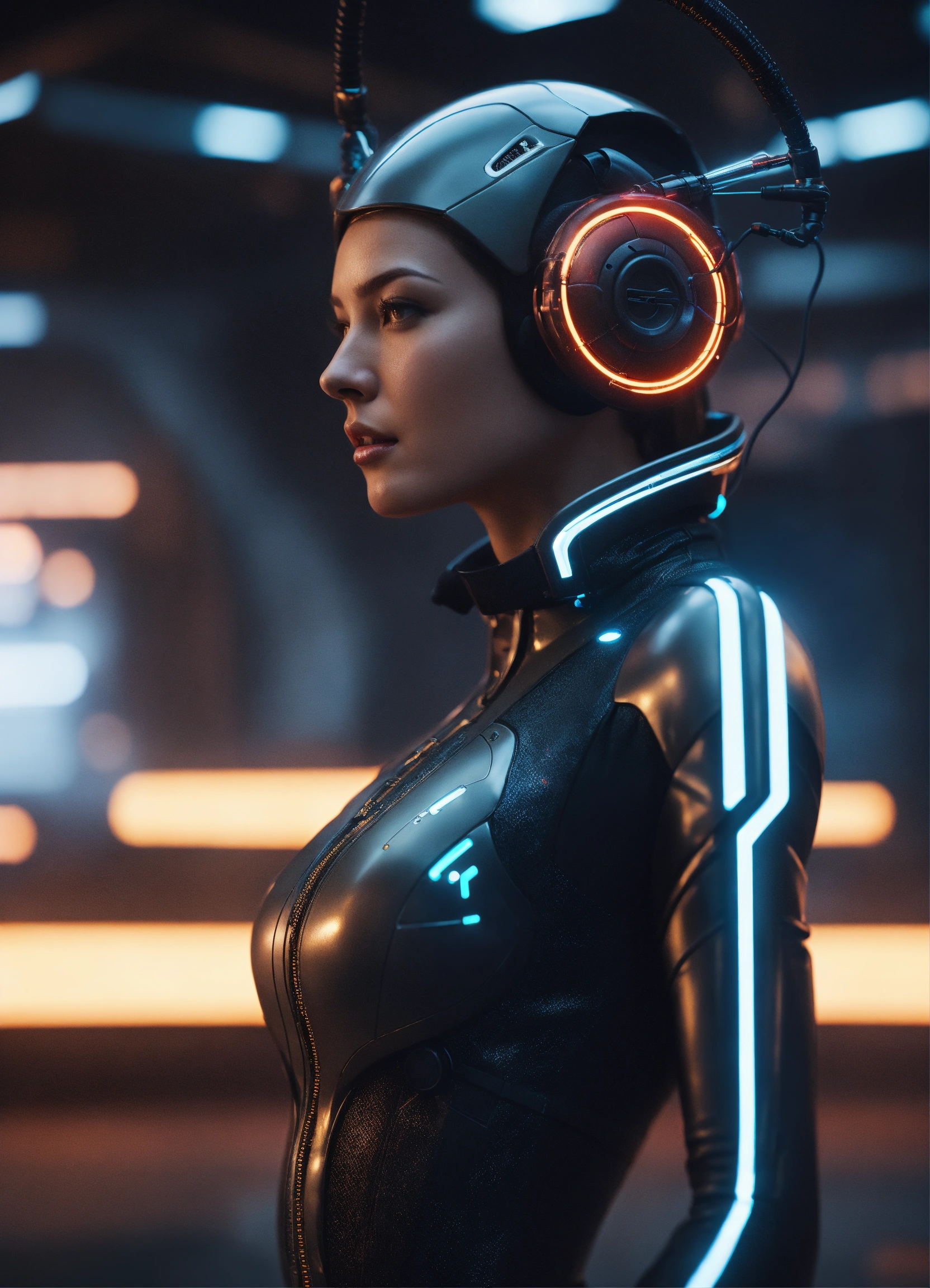Lexica - Wide shot of a female super spy wearing a tight futuristic spy ...