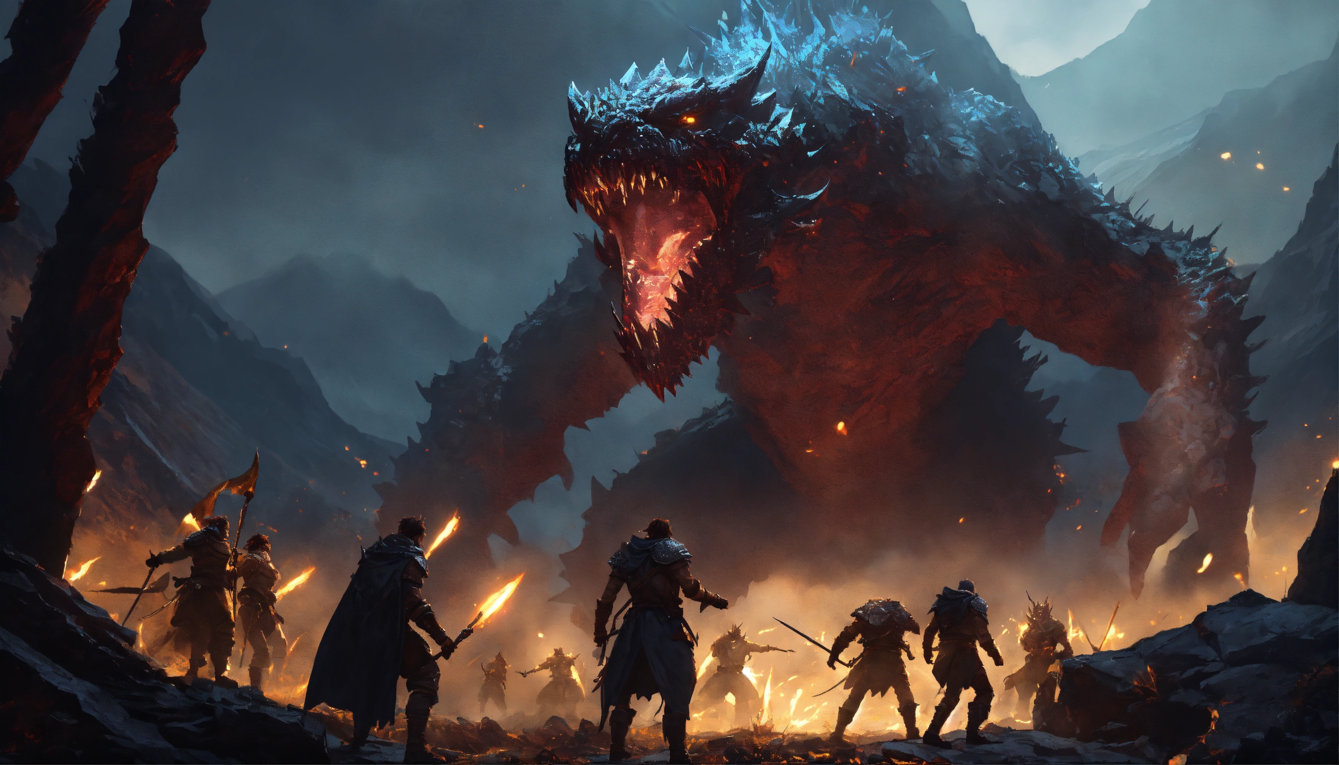 Lexica - Giant humans fighting giant humanoids with jagged teeth that ...