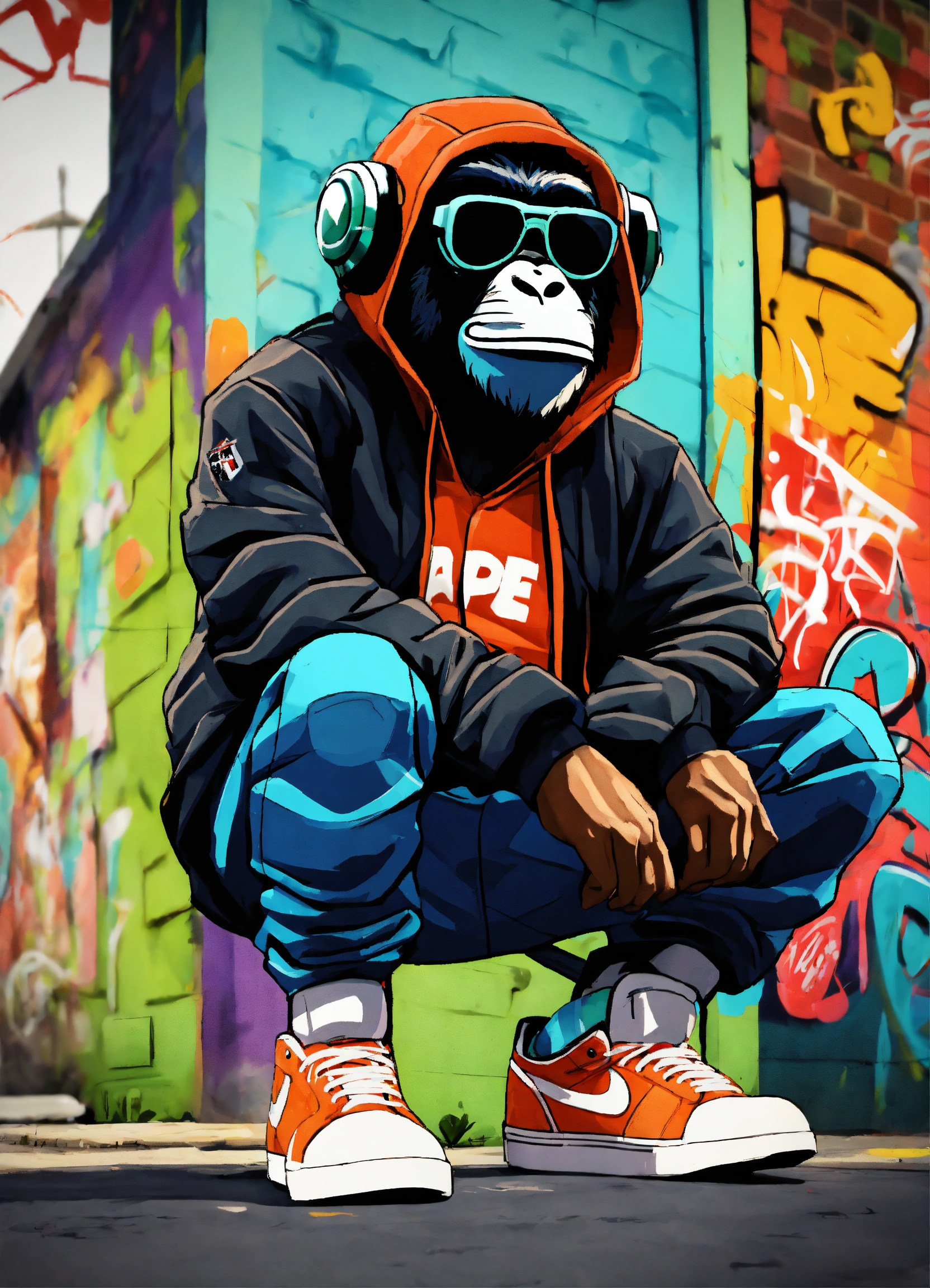 Lexica - An ape wearing a black hoodie and aviator glasses and jordans ...