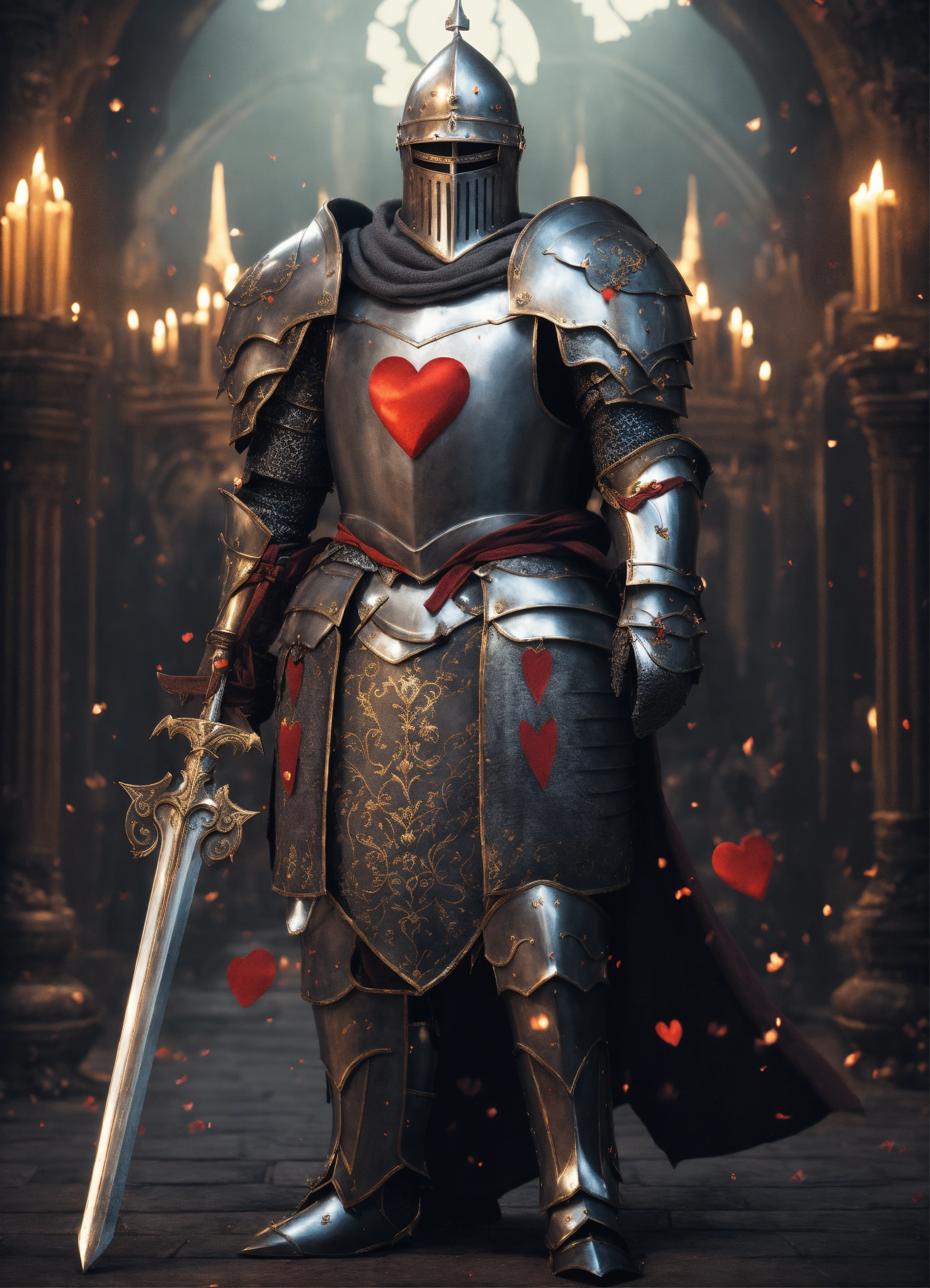 Lexica - Tall strong knight in dark gray armor with heart shaped ...