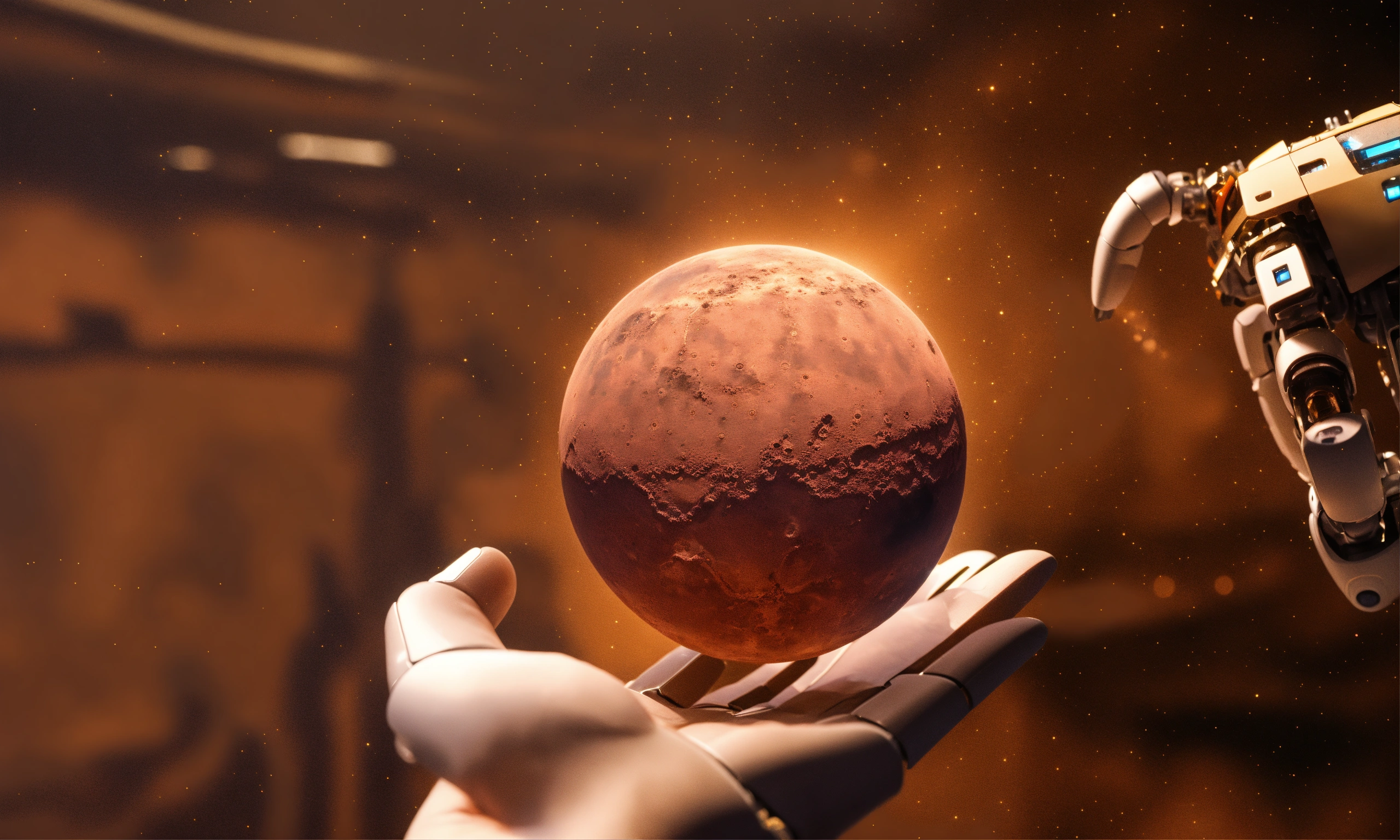 Lexica - Photo of artificial intelligence holding planet mars in their robotic hand