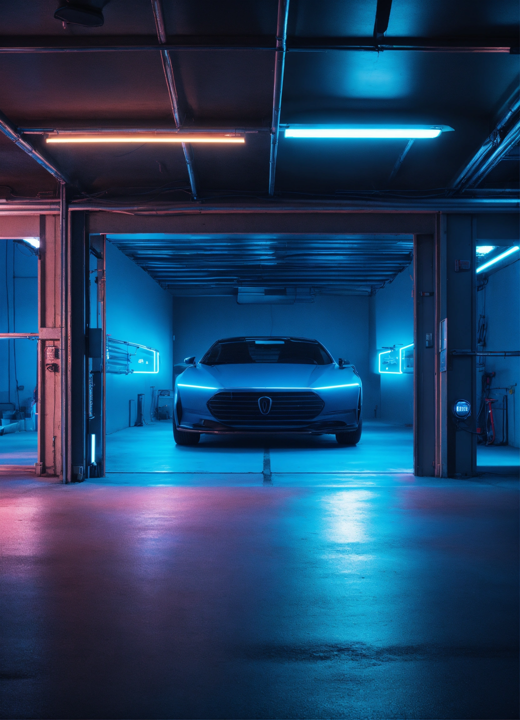 Lexica - Futuristic ,cyber, empty garage inside, no car , with blue ...