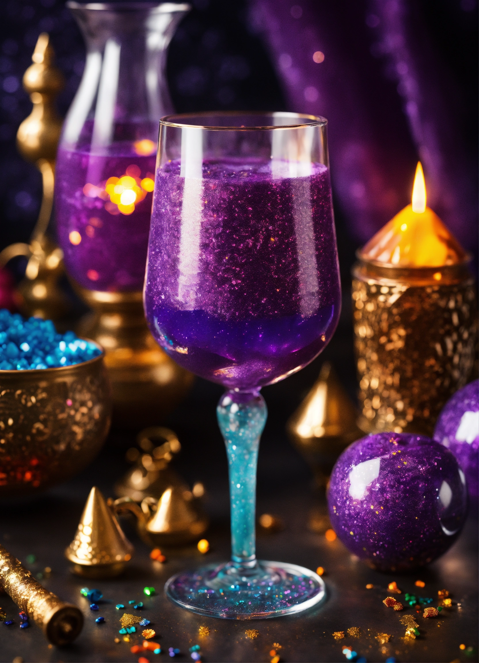 Lexica - Hyper realistic magical vibrant glitter purple wizard drink in ...