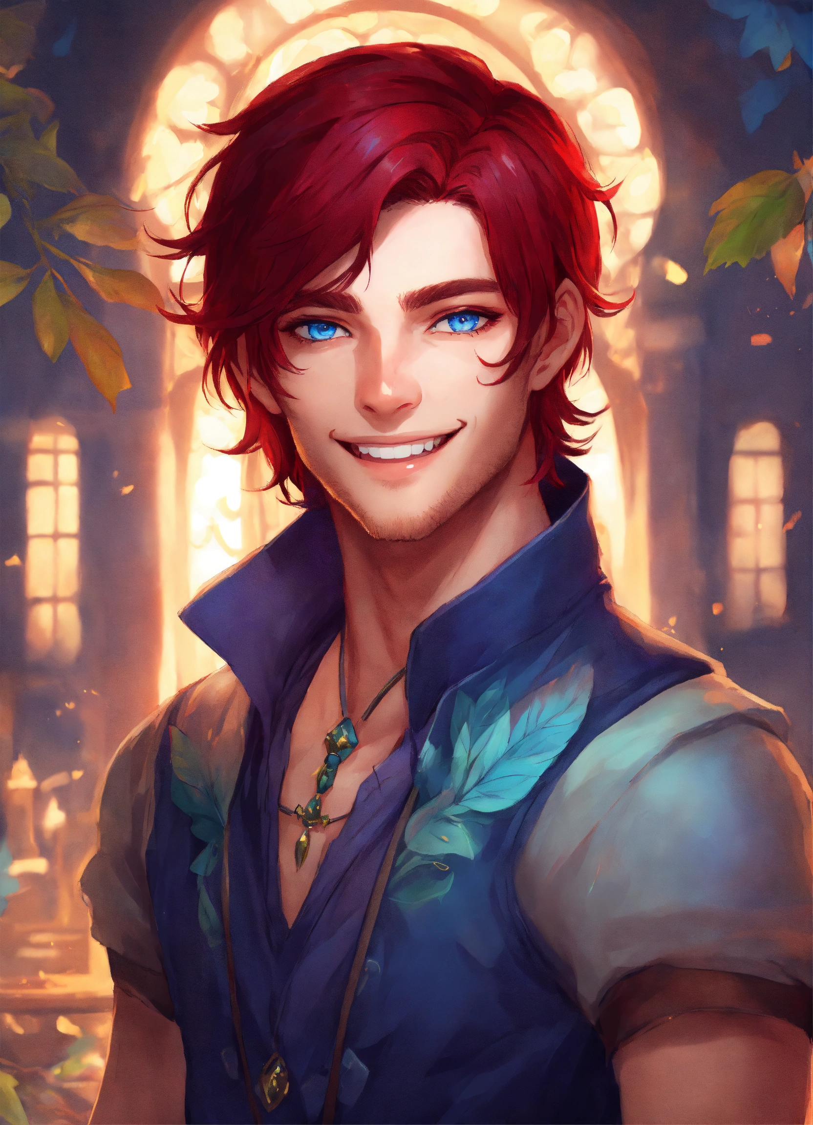 Lexica - Fae Male, maroon hair, blue eyes, smiling