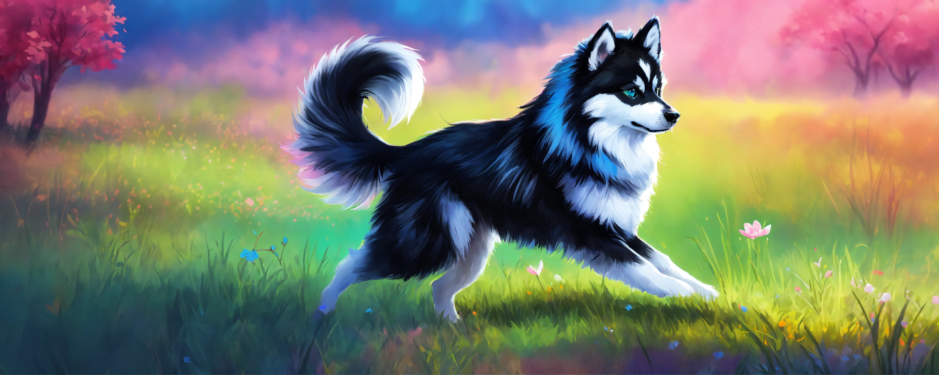 Lexica - A full body image of a pomsky black and white with long hair ...