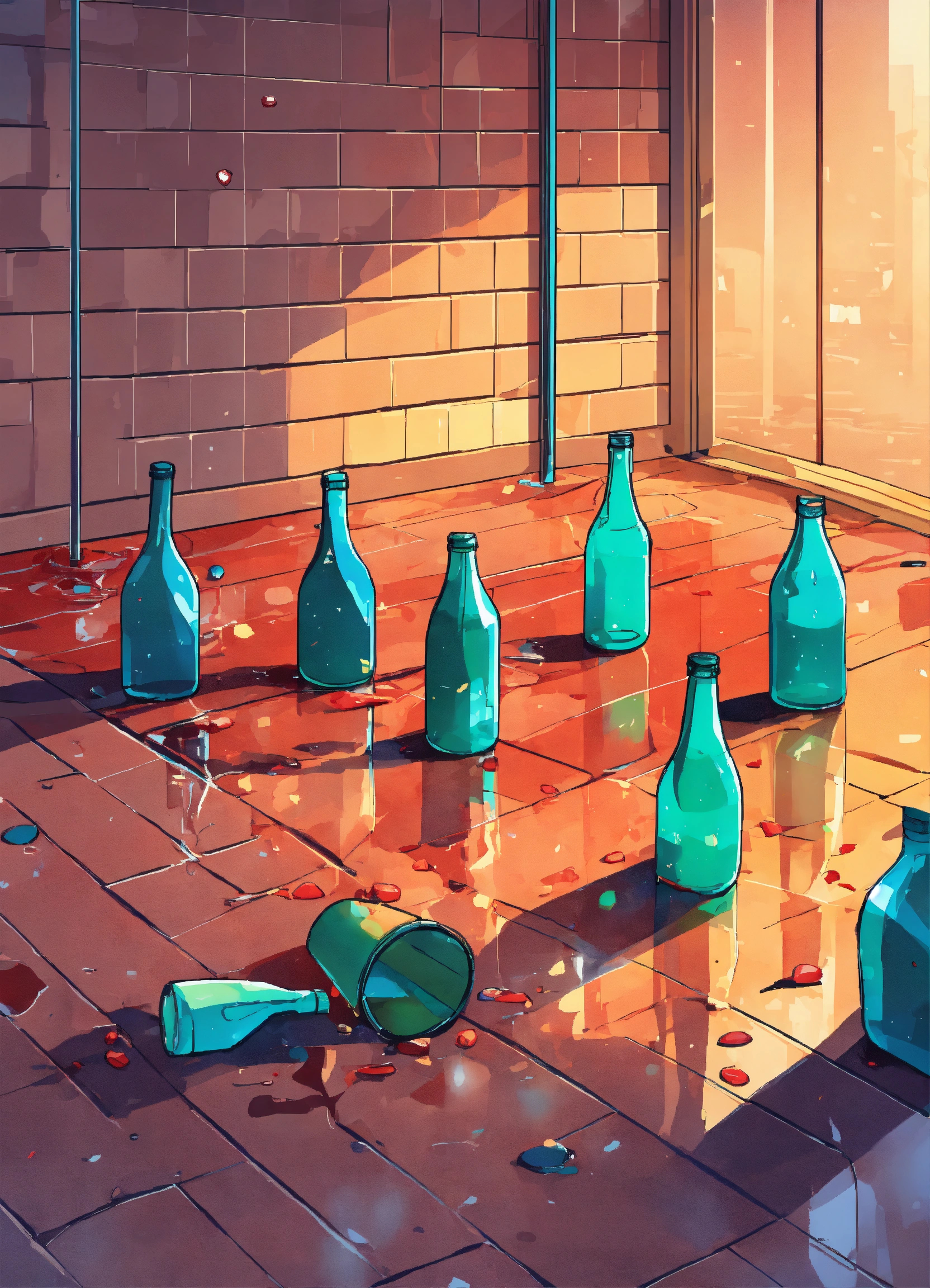 Lexica - Empty bottles, spilled liquid, wet floor, after-party, vector art trending on artstation