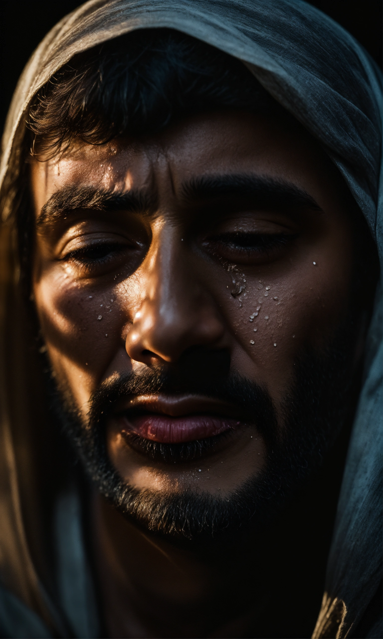 Lexica - Middle eastern man crying in darkness, a ray of light shining ...