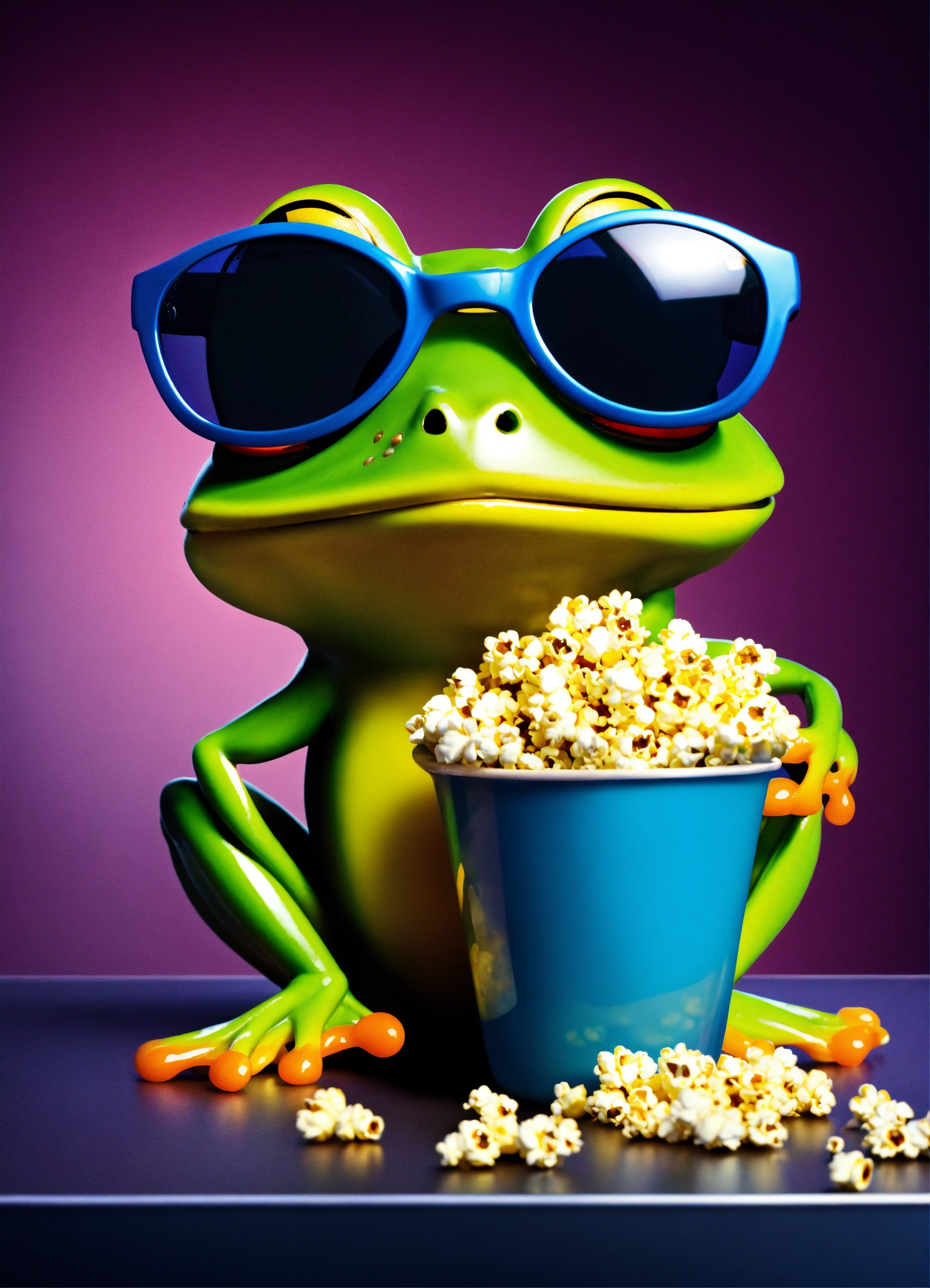 Lexica - Frog in sunglass a glass of popcorn in Pixar style