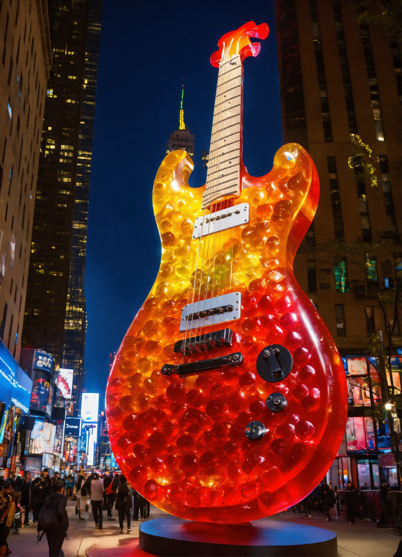 Lexica - A giant gummy guitar, 4 stories tall, walking through new york ...