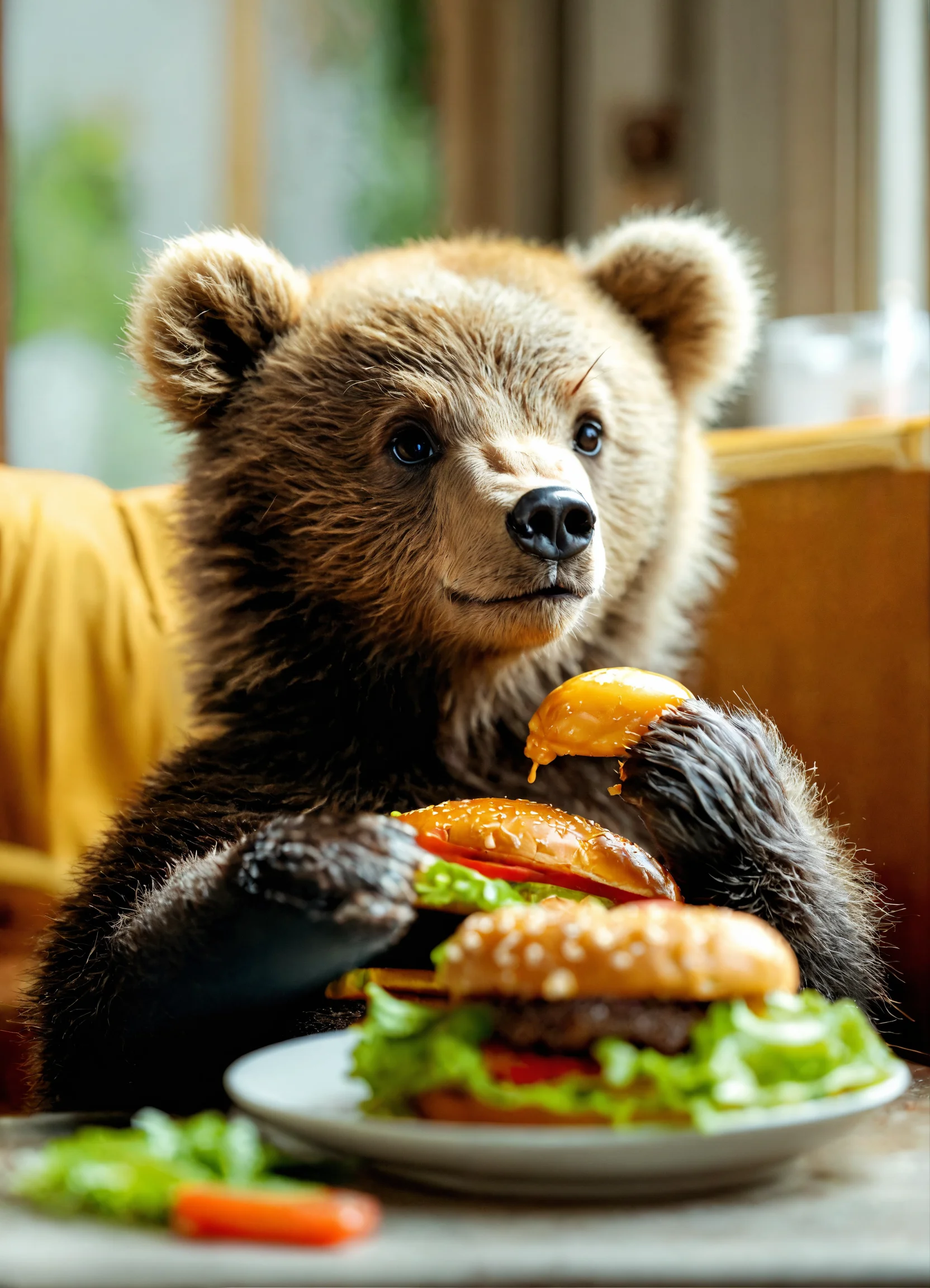 Lexica - A cute baby bear eating big burger at home. the expression has ...