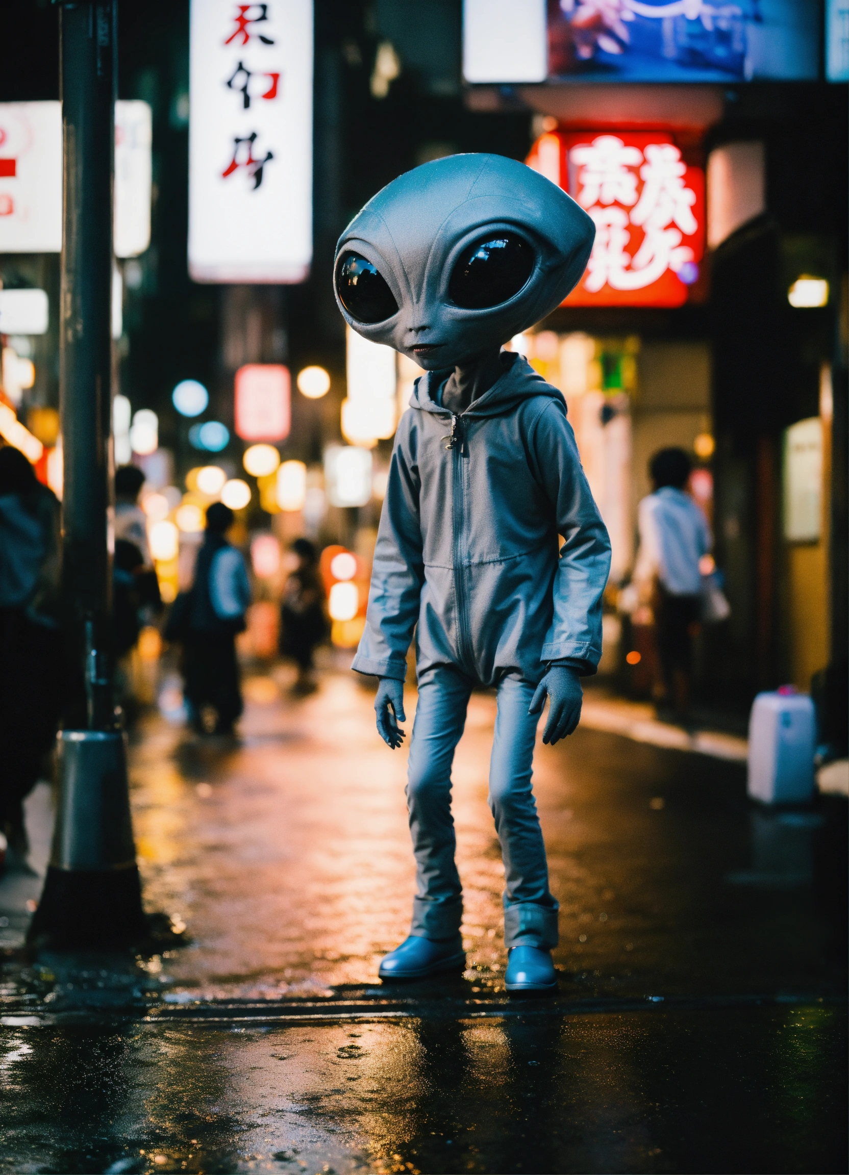 Lexica - Very cute, realistic grey alien standing in the street of ...