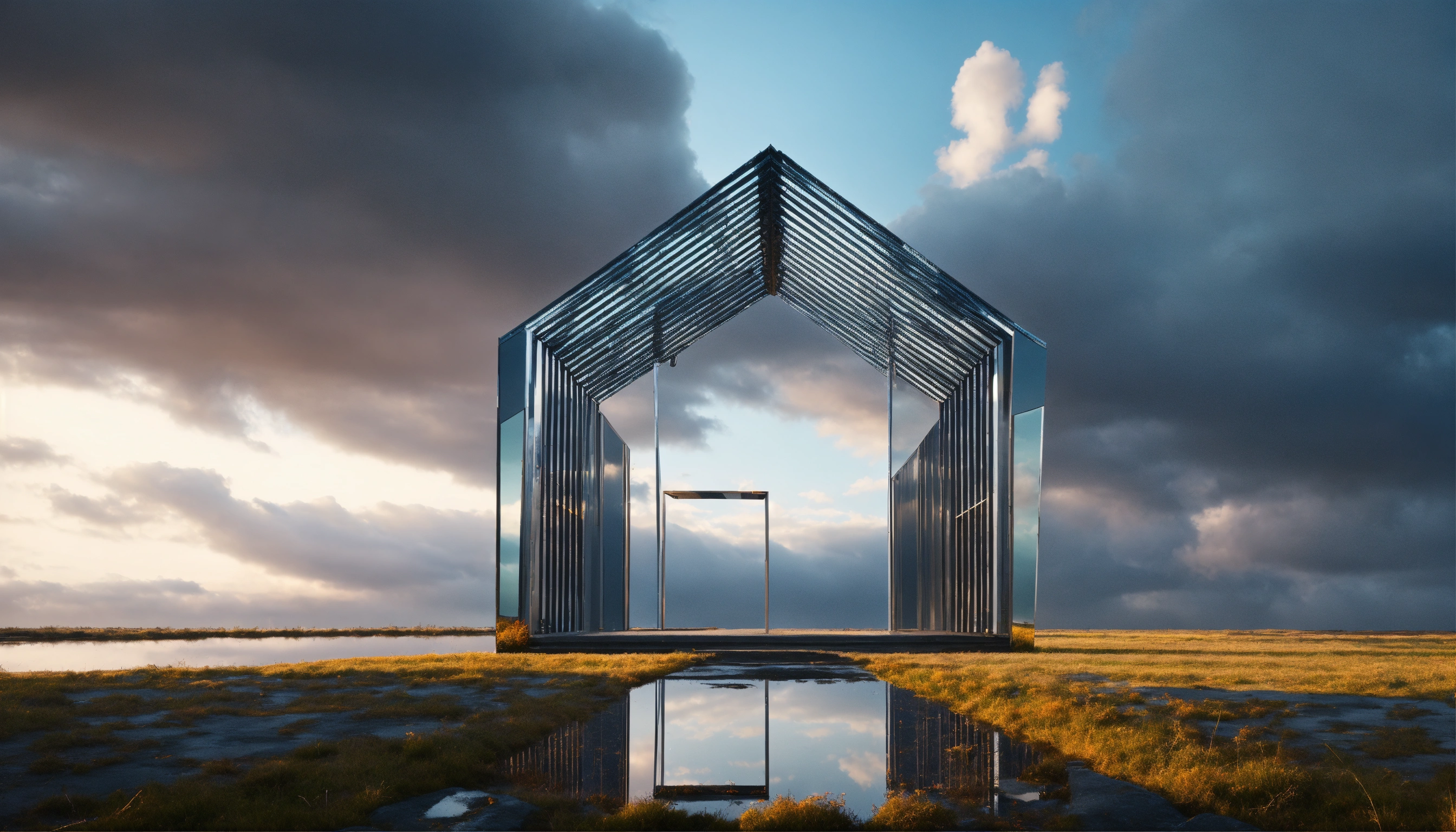 Lexica - Futuristic angular gate on mirror ground and clouds