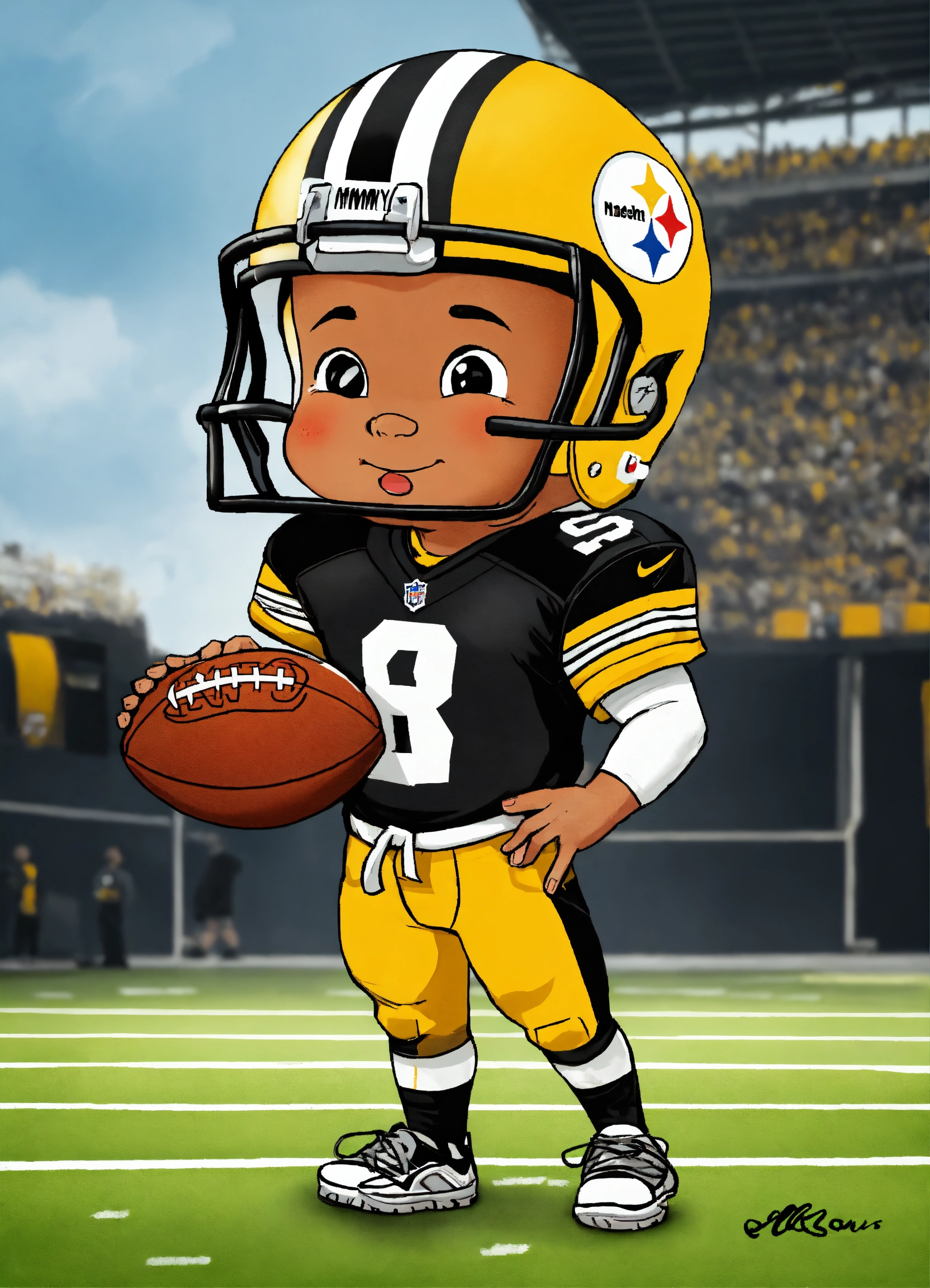 Lexica - Cute mixed baby boy cartoon in a Steeler's uniform holding a ...