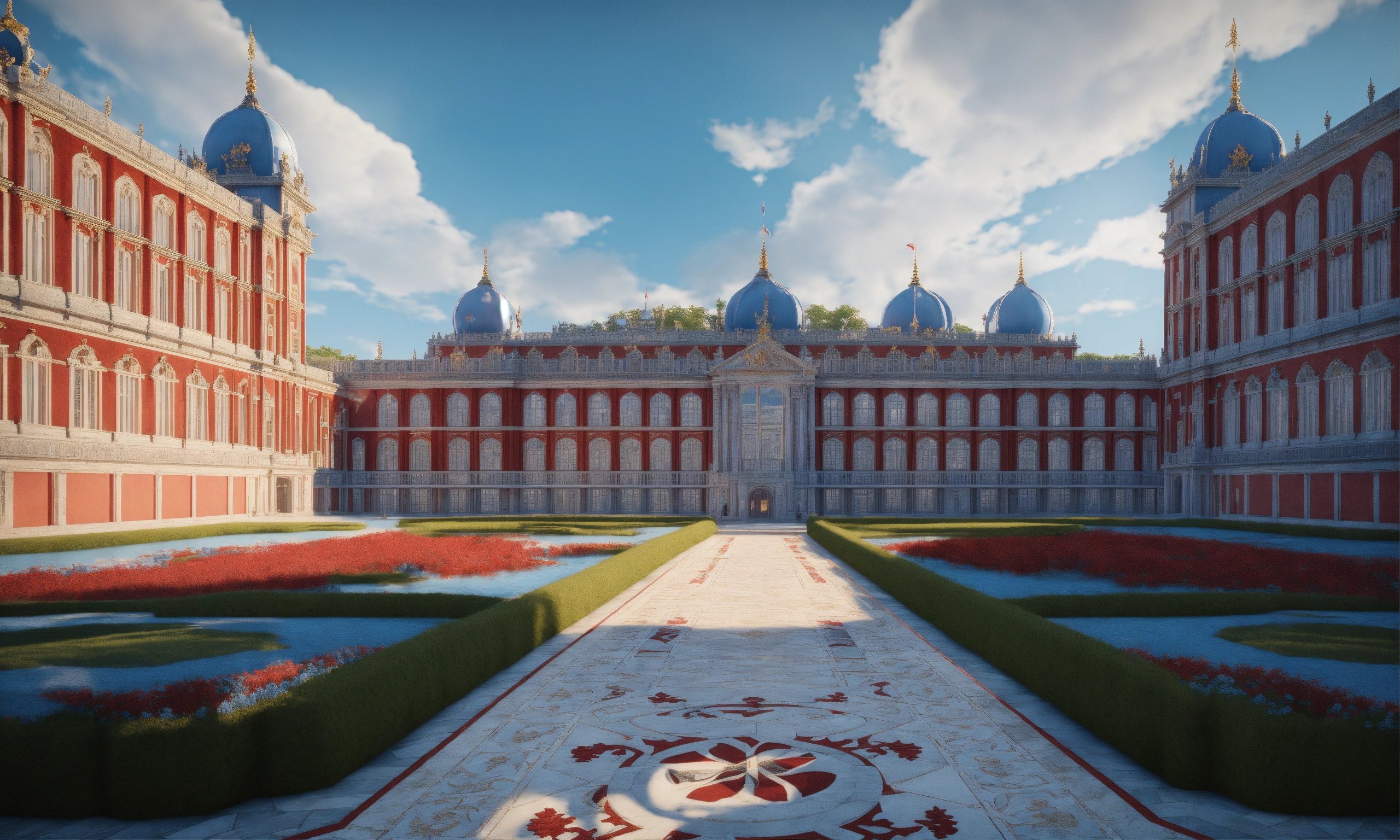 Lexica - Full image of a massive royal palace with light blue and red ...