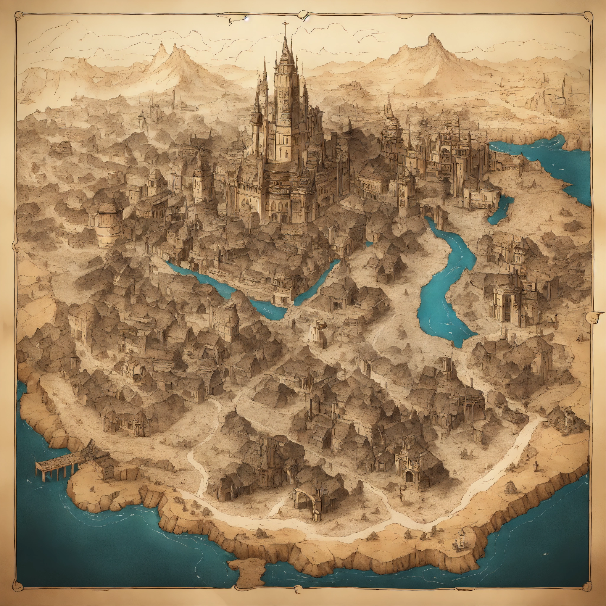 Lexica - Inked map of a massive fantasy city. top-down view