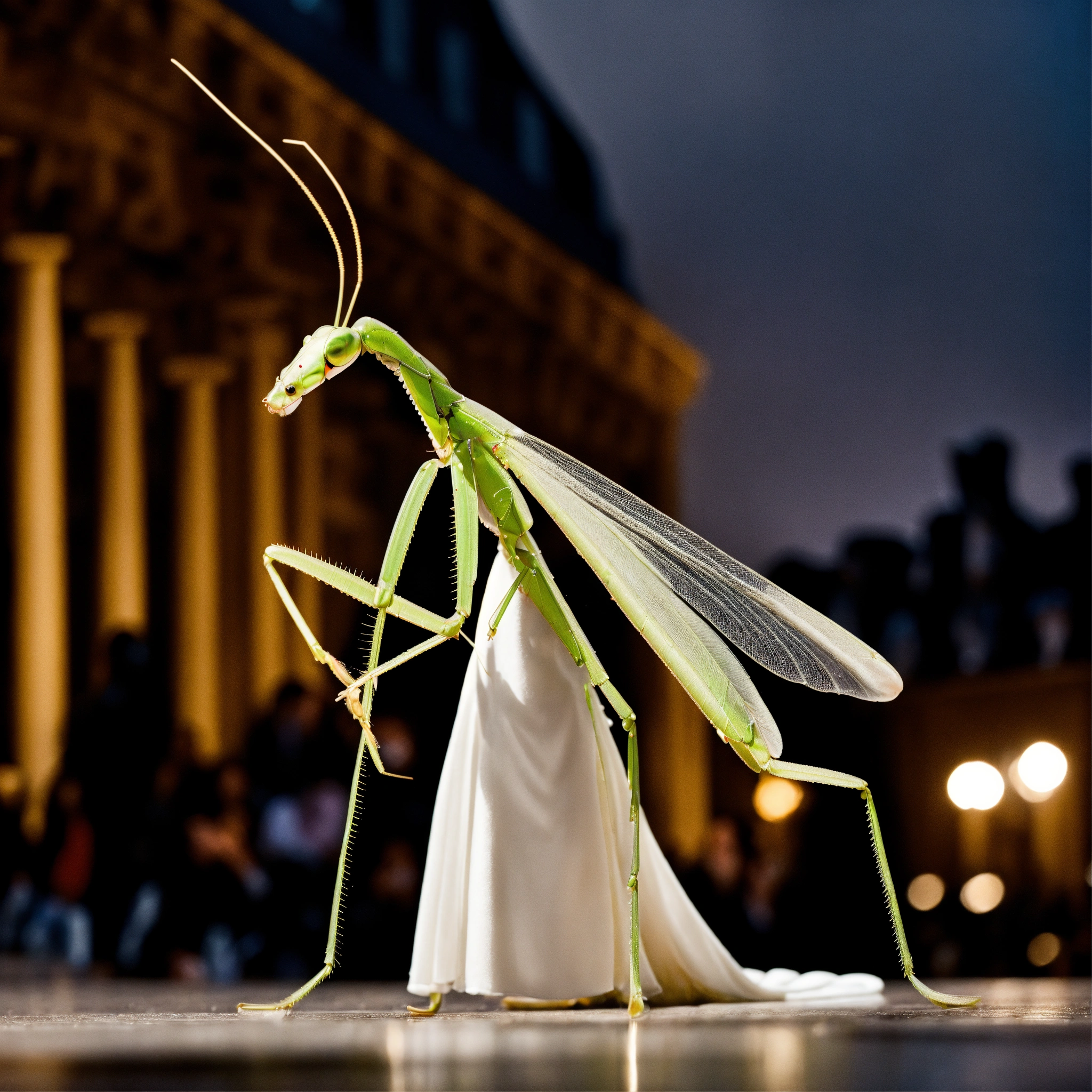Lexica - A praying mantis wearing a haute couture white dress at paris ...