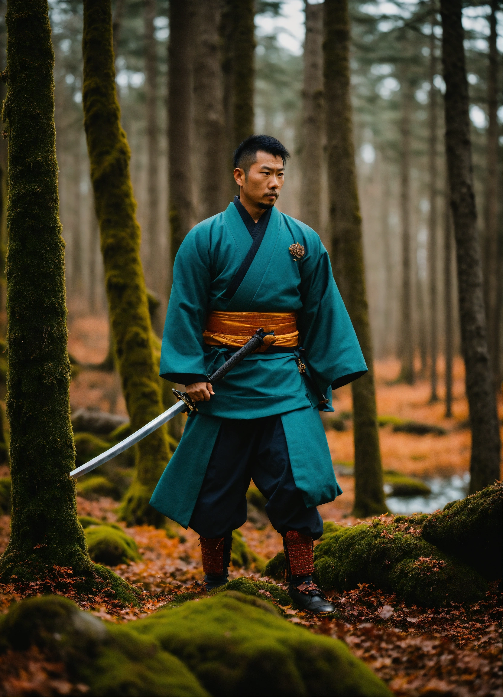 Lexica - A courageous samurai among the trees, forest lake, moss, cold ...