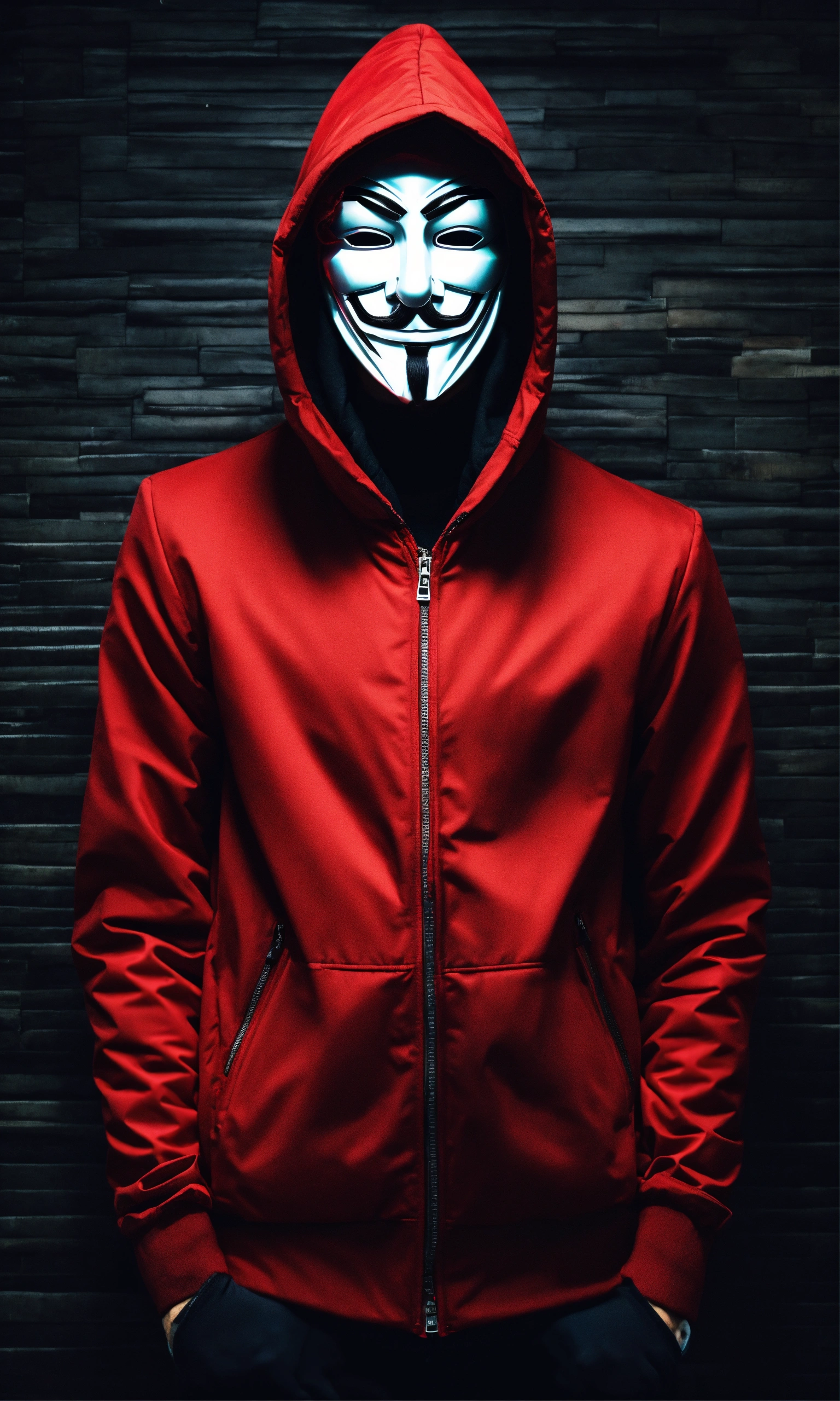 Lexica - Anonymous hacker in red jacket with dark hidden face with arms ...