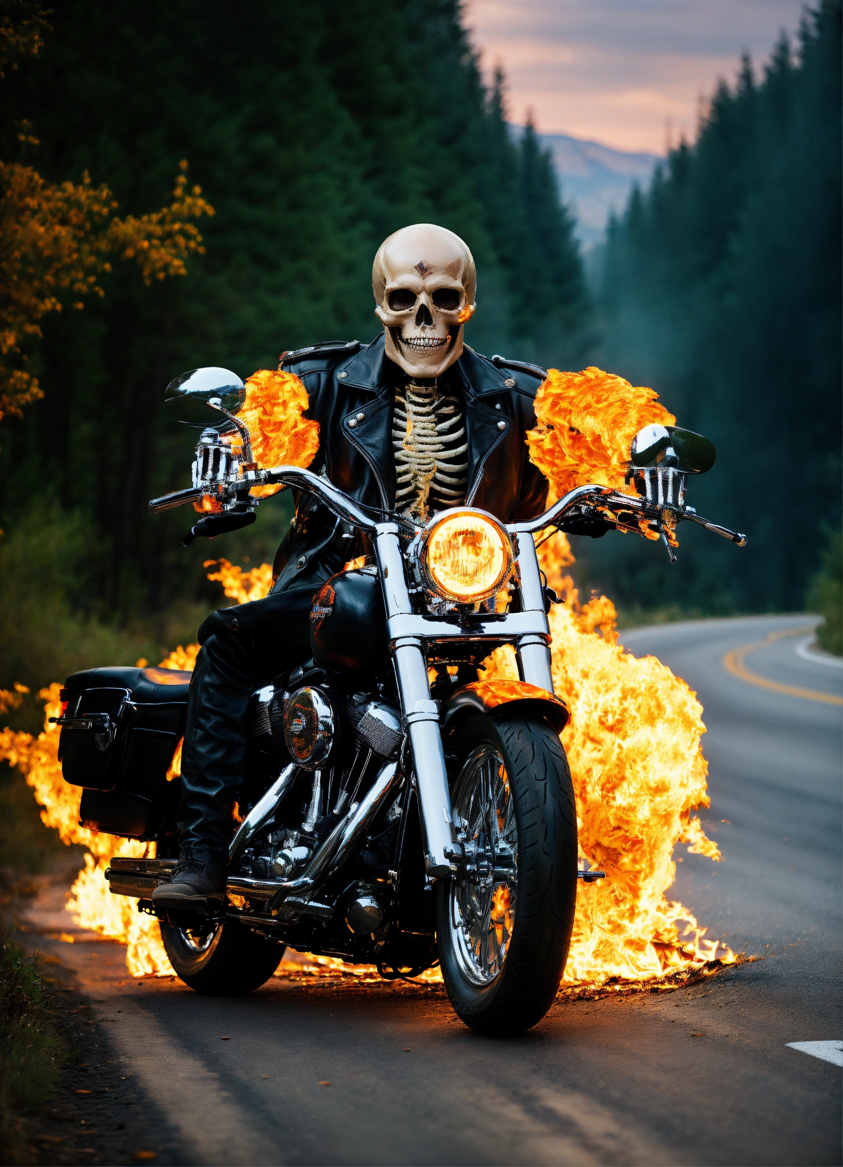 Lexica - Skeleton on fire riding a harley davidson motorcycle, worn ...