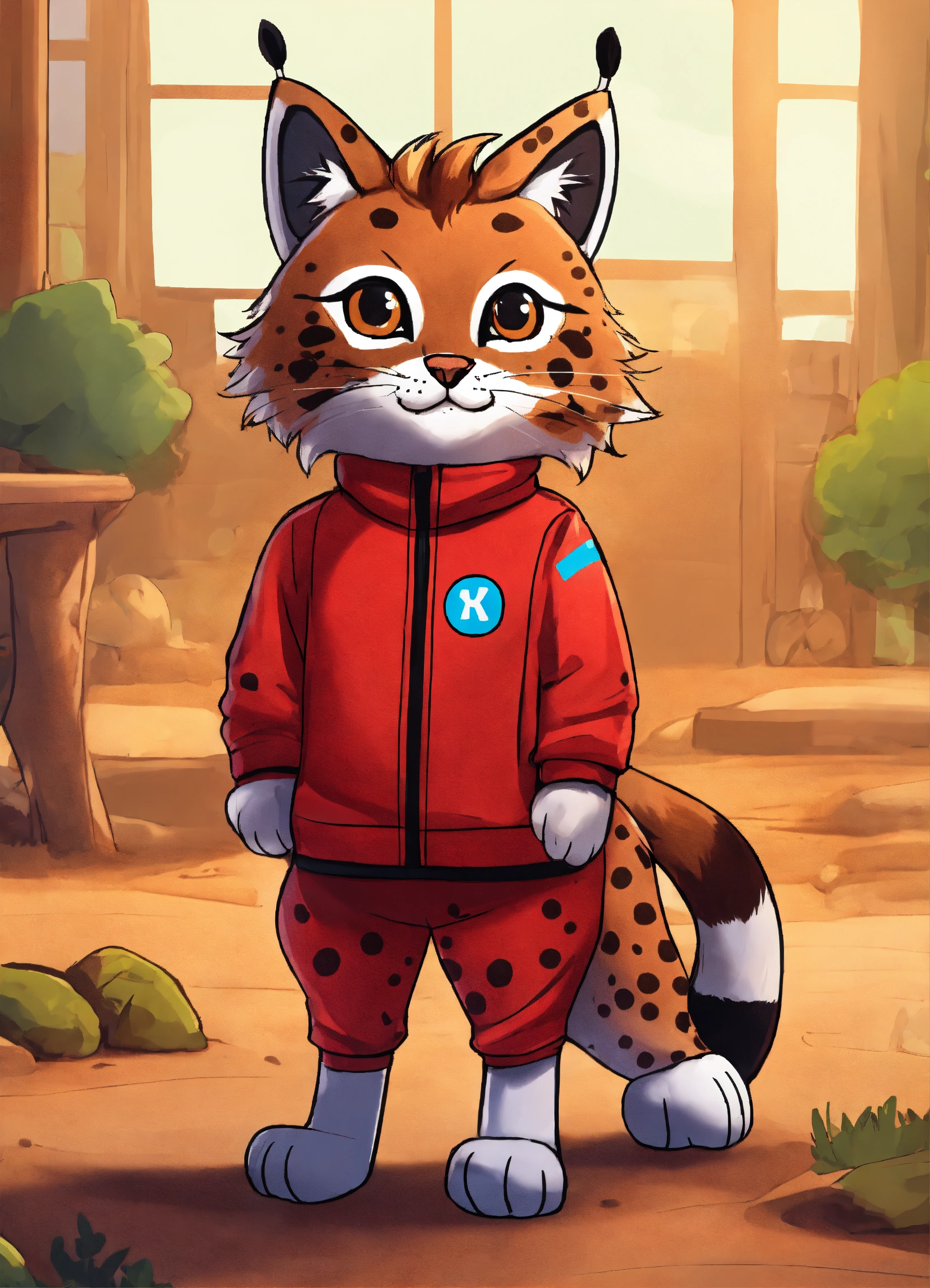 Lexica - Lynx female cat as a mascott, standing straight, wearing red ...