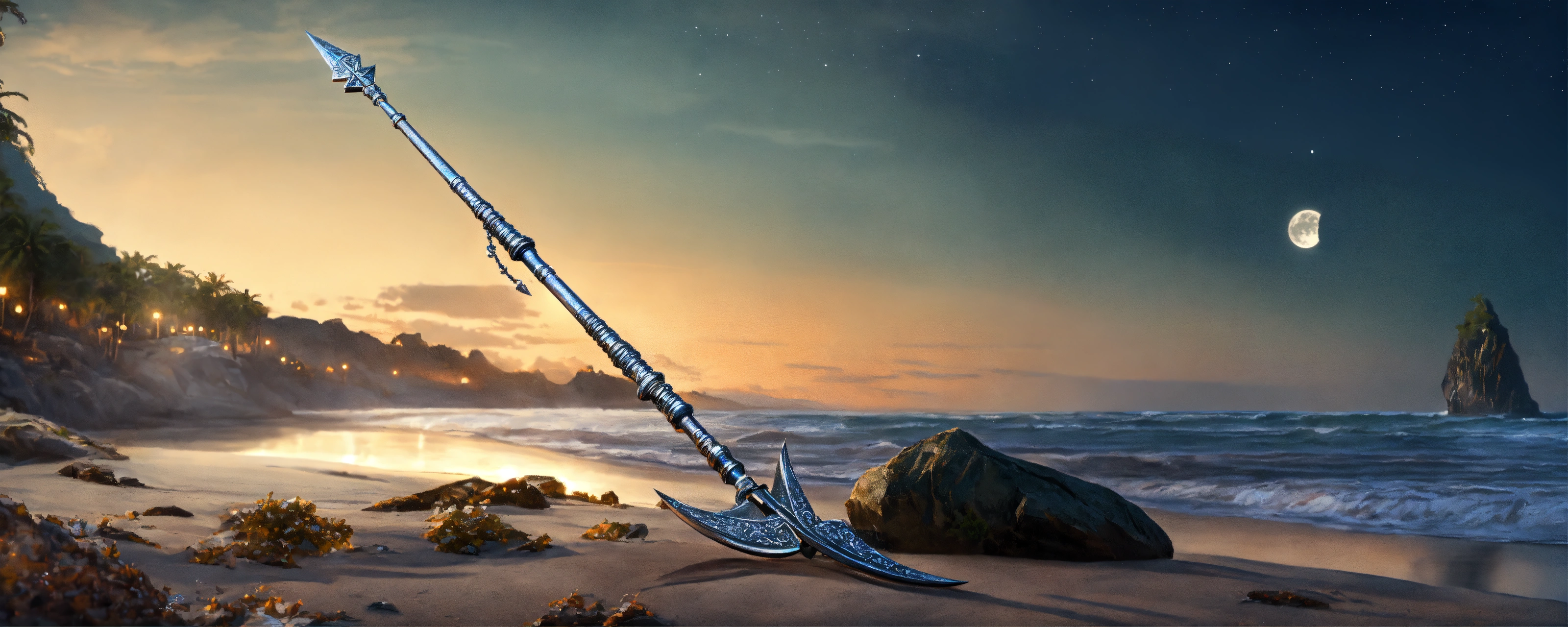 Lexica - 8k, picture of a very long gezackte harpoon with barbs made of ...