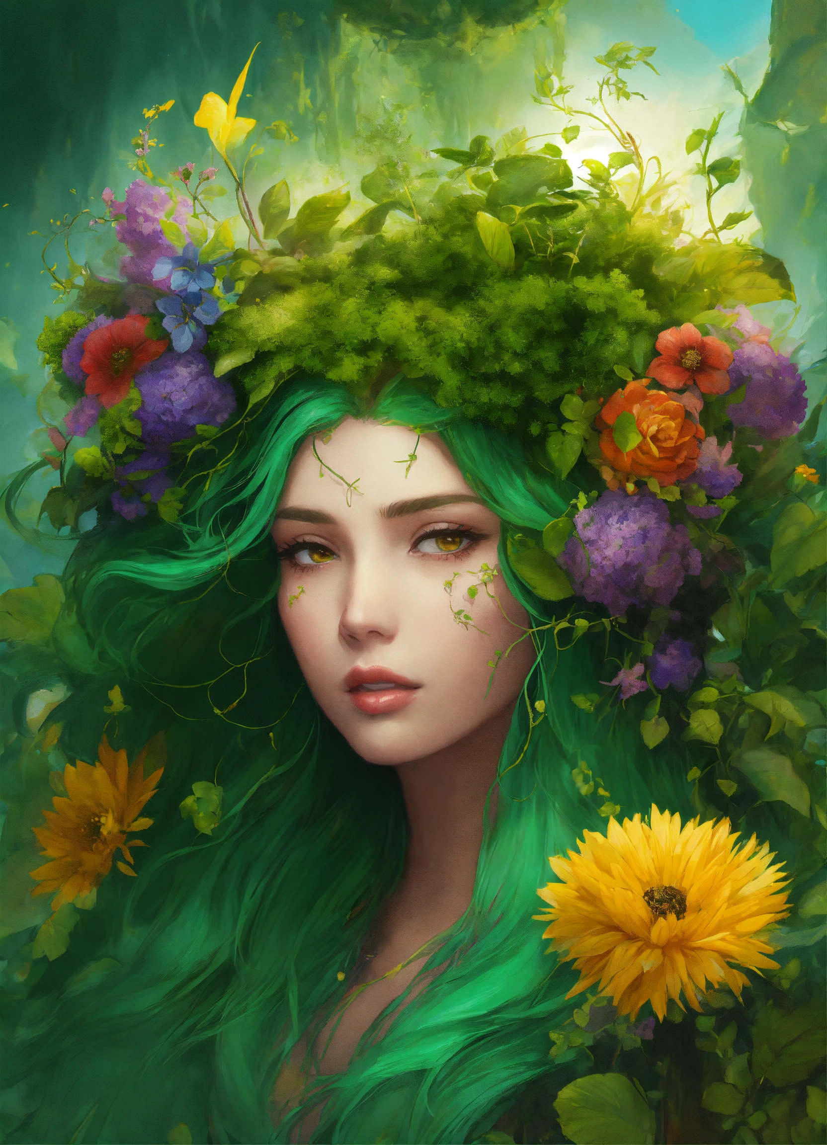 Lexica - "legendary nature goddess", huge green hair, plants, vines ...