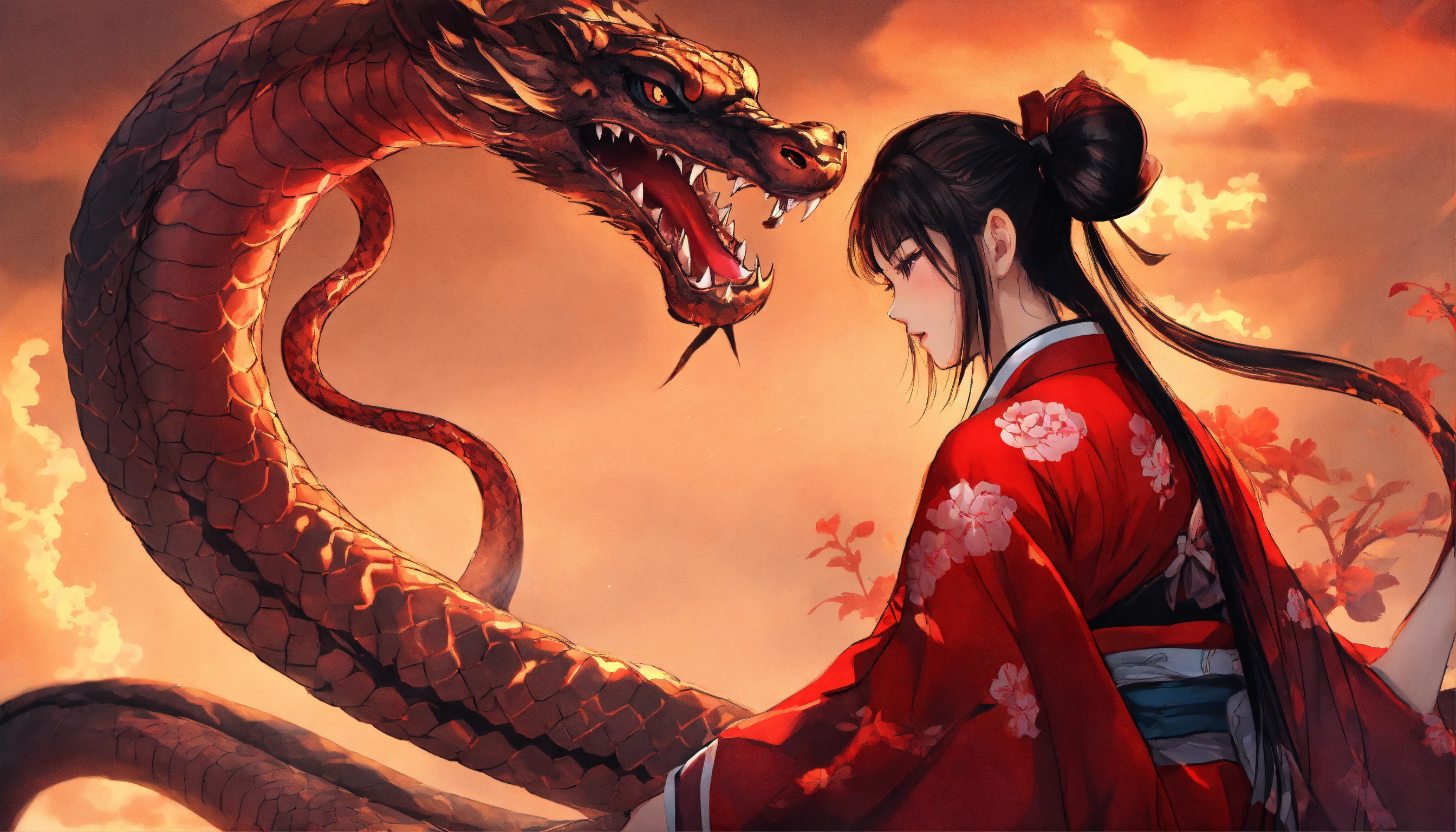 Lexica - Girl Asia fantasy Japan dynamics fights the demon snakes hand drawn style 8к