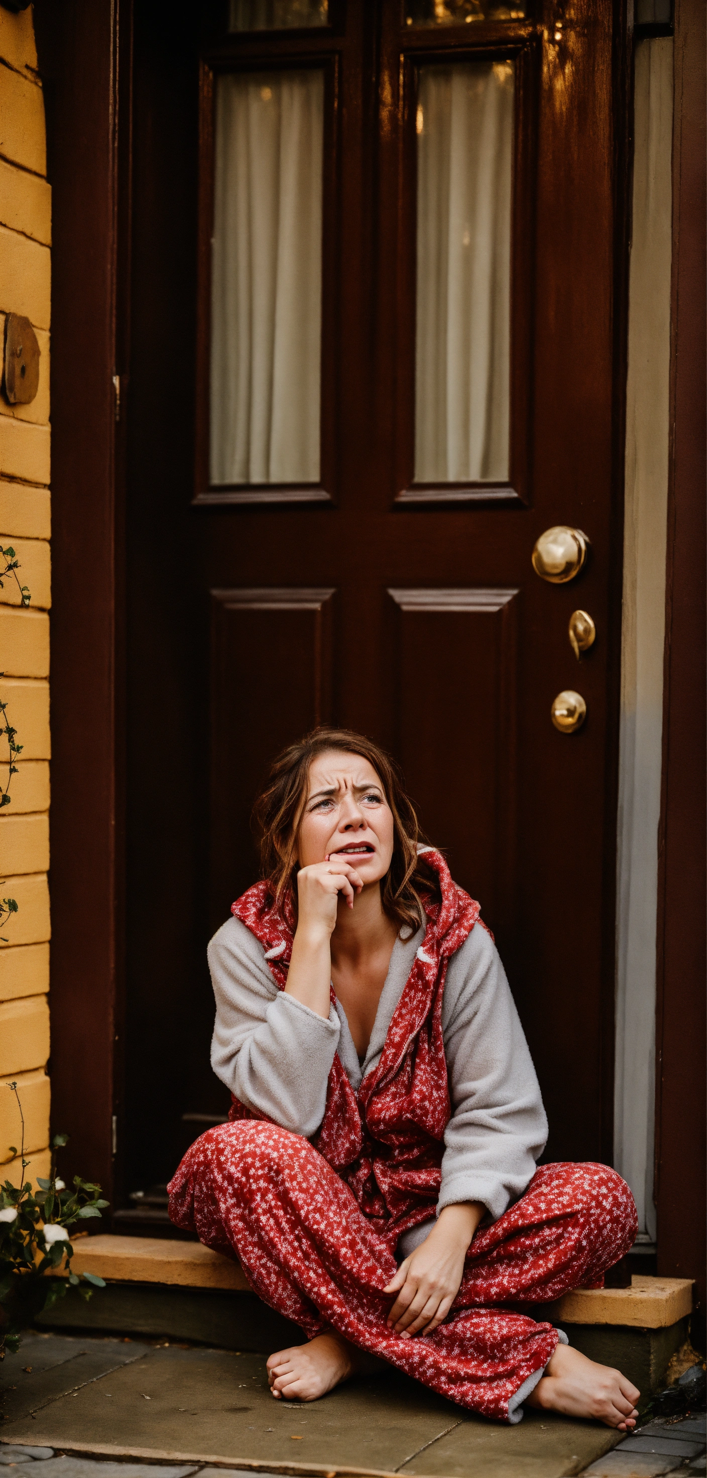 Lexica - A woman is sitting on the doorstep of a house outside in the ...