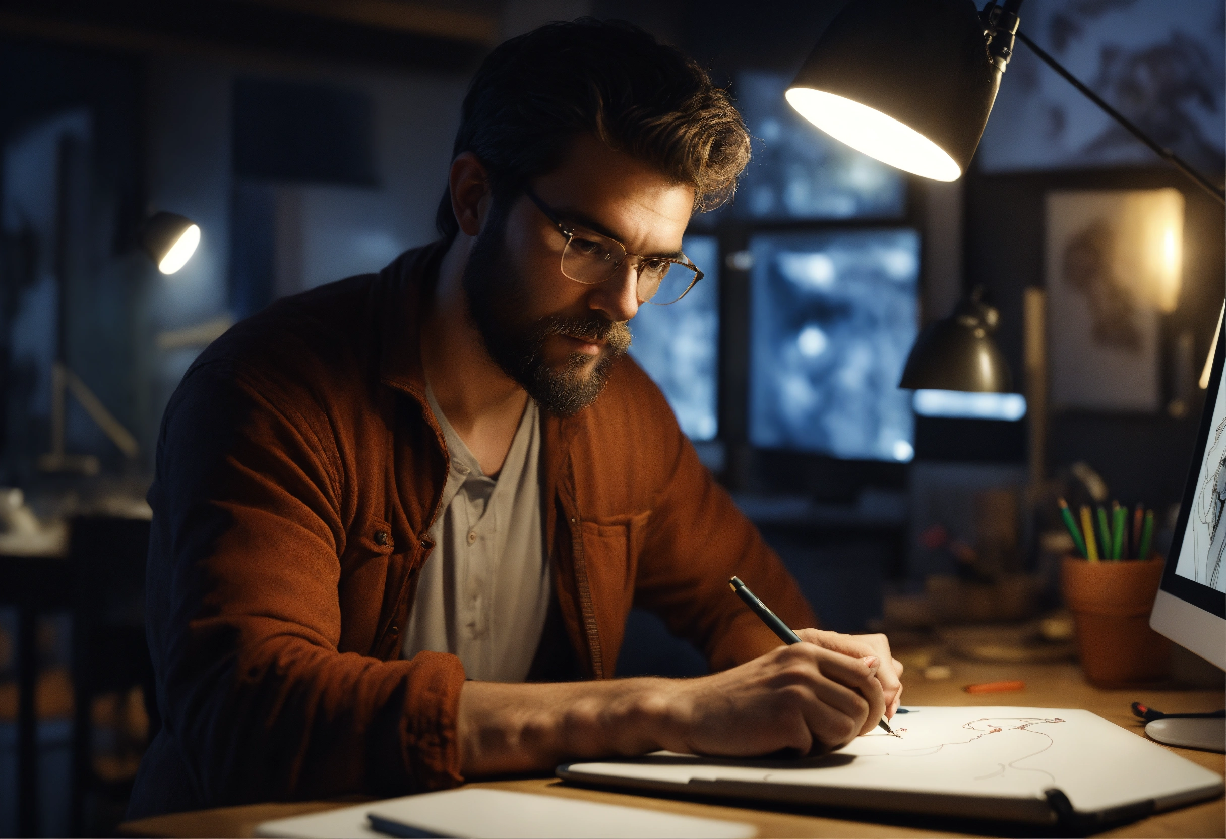 Lexica - A handsome man - he is an illustrator. Sitting in his studio ...