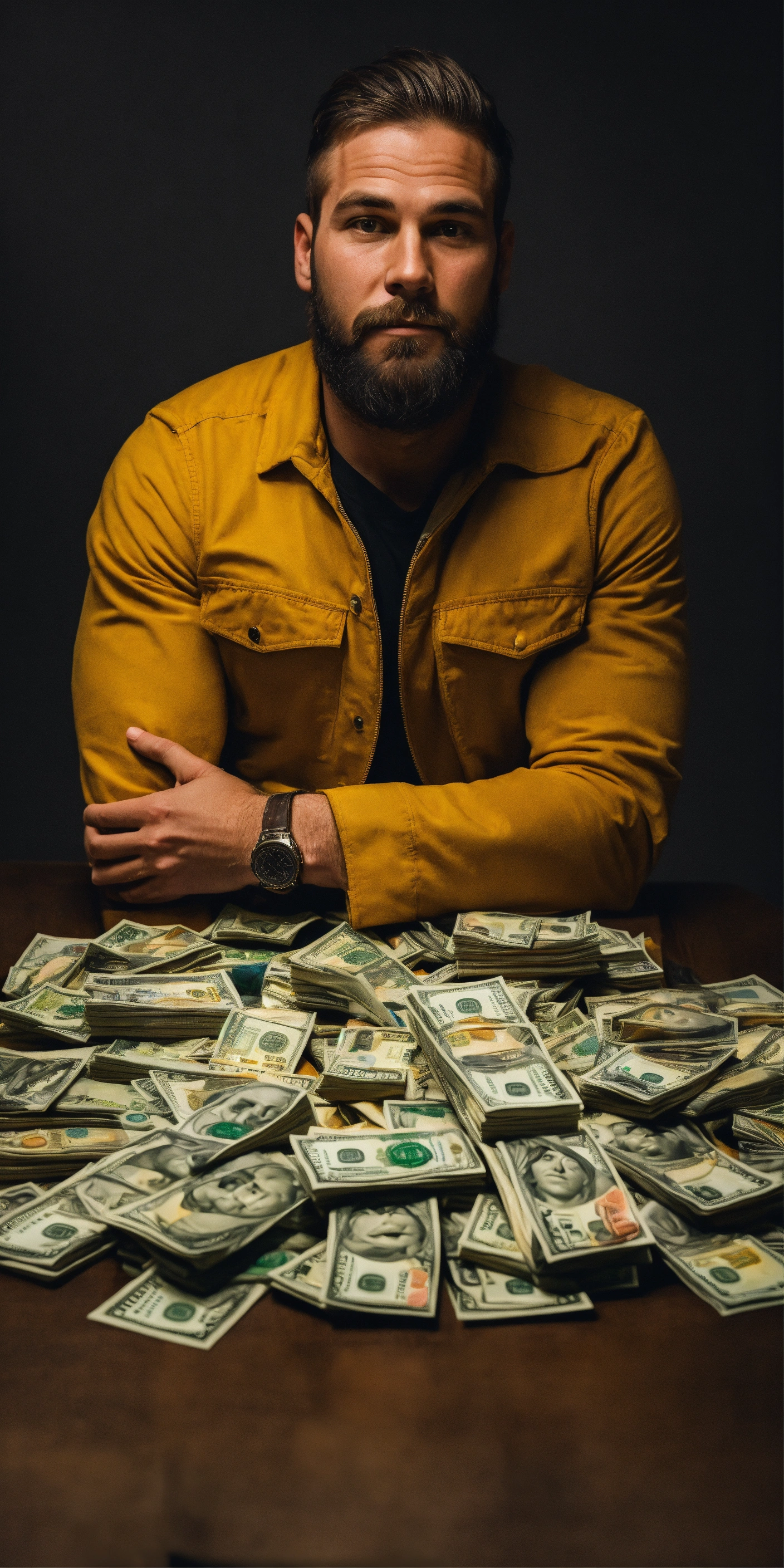 Lexica - A guy in his 30s is holding a big pile of cash dollars. The ...