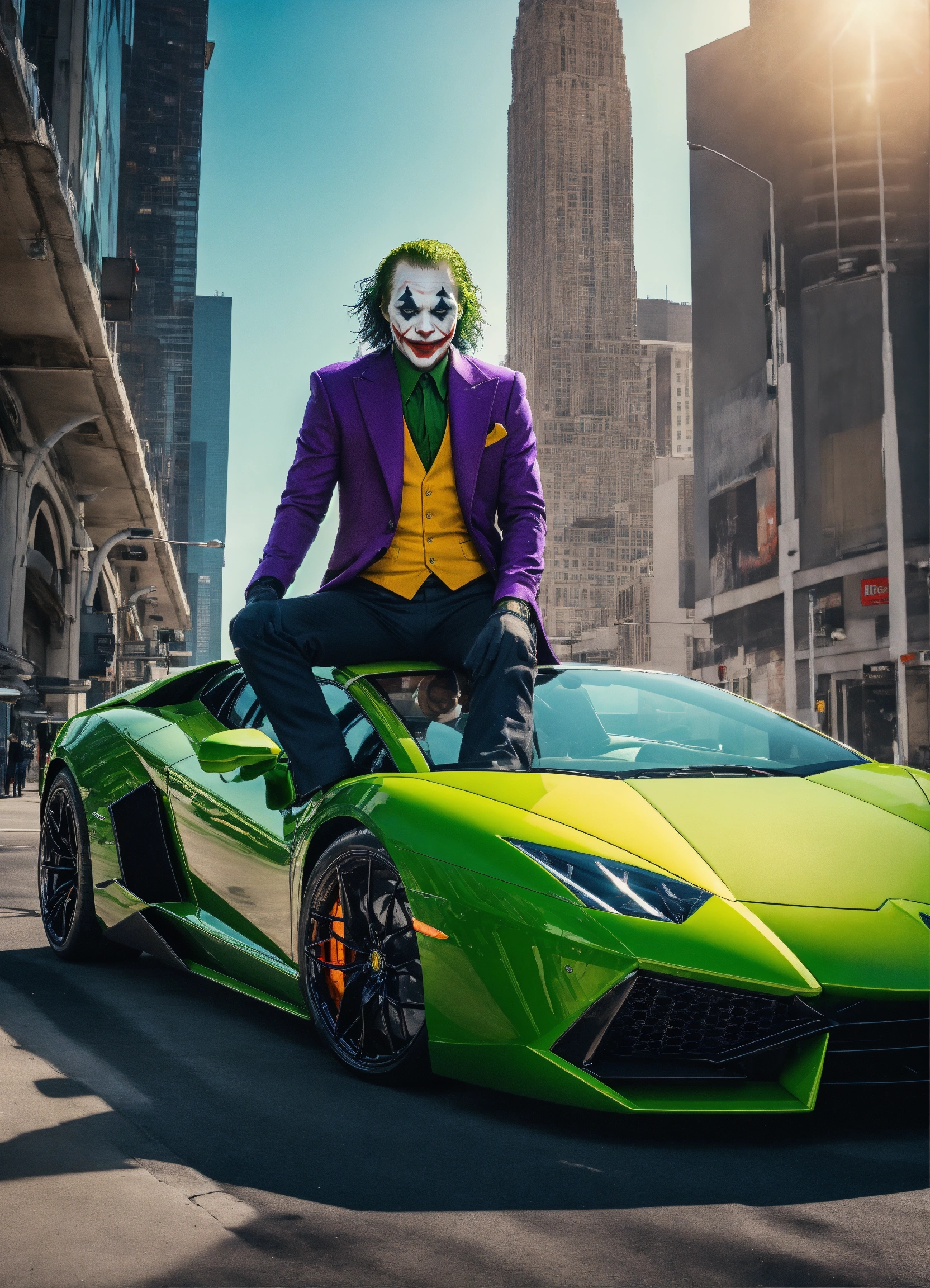Lexica - Joker riding a Lamborghini car clear camera