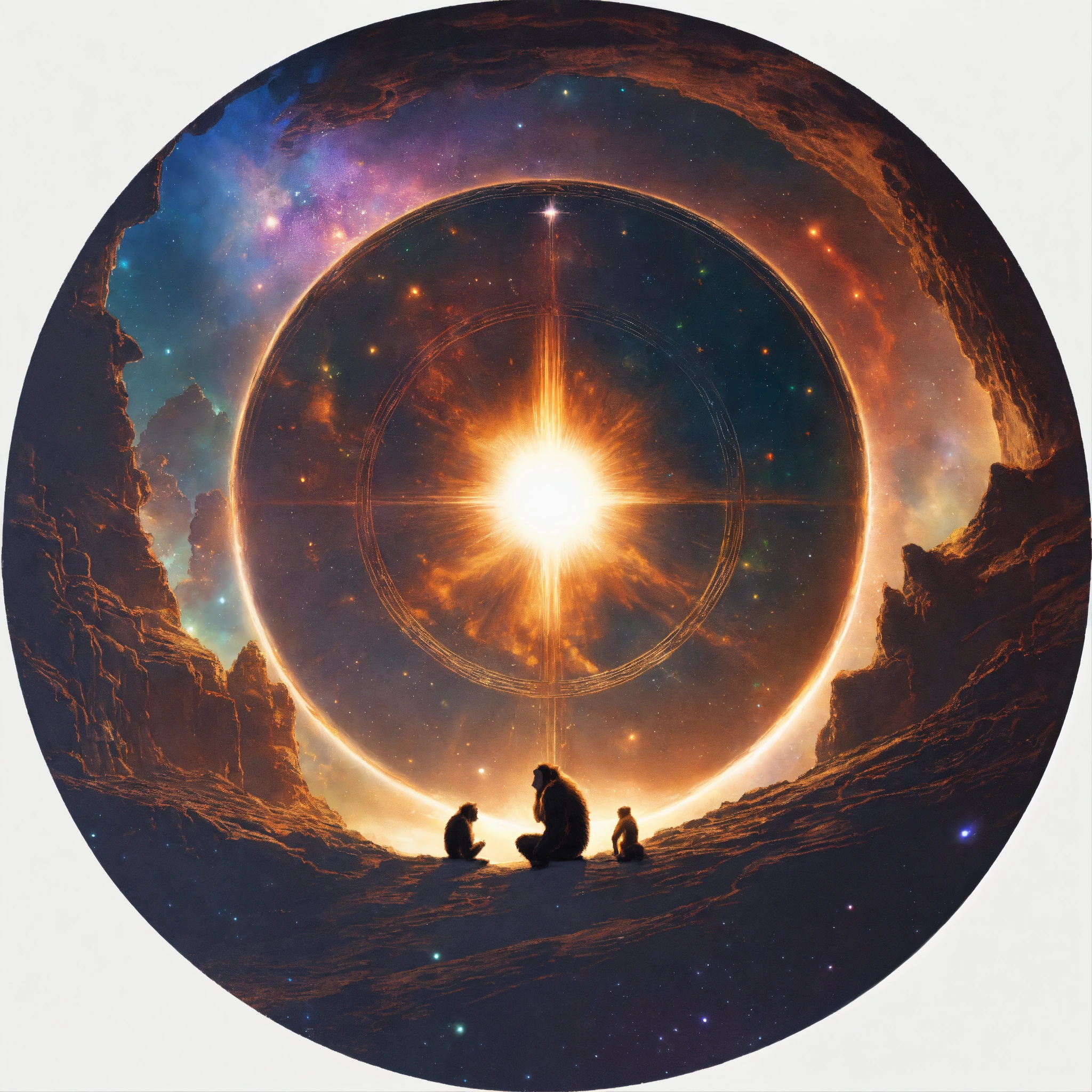 Lexica - Apes praying to a human god in space, in circle image ...