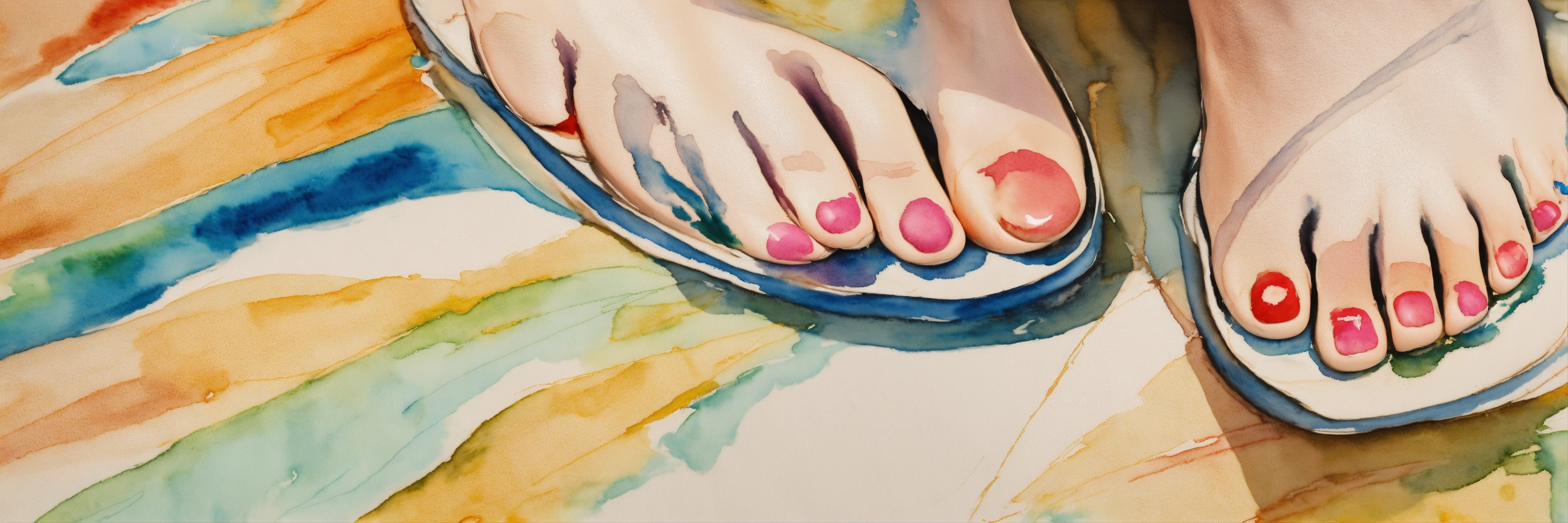 Lexica - Wide angle white skinned girl feet, water color