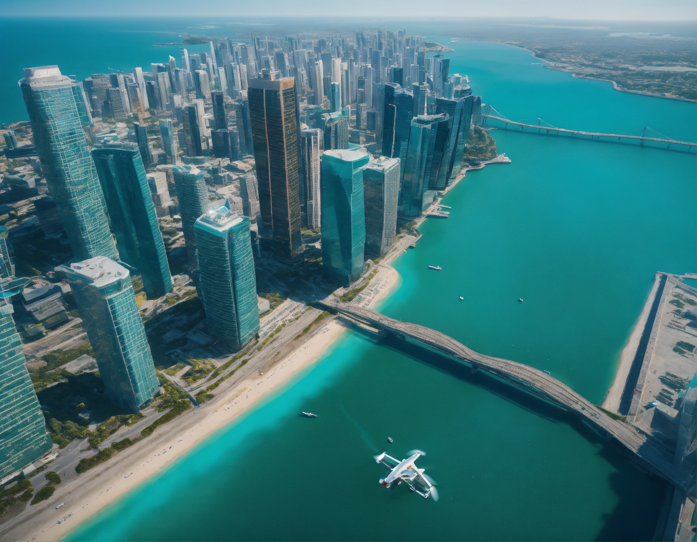 Lexica - Ultra realistic drone close view of a noon bright lit teal ...