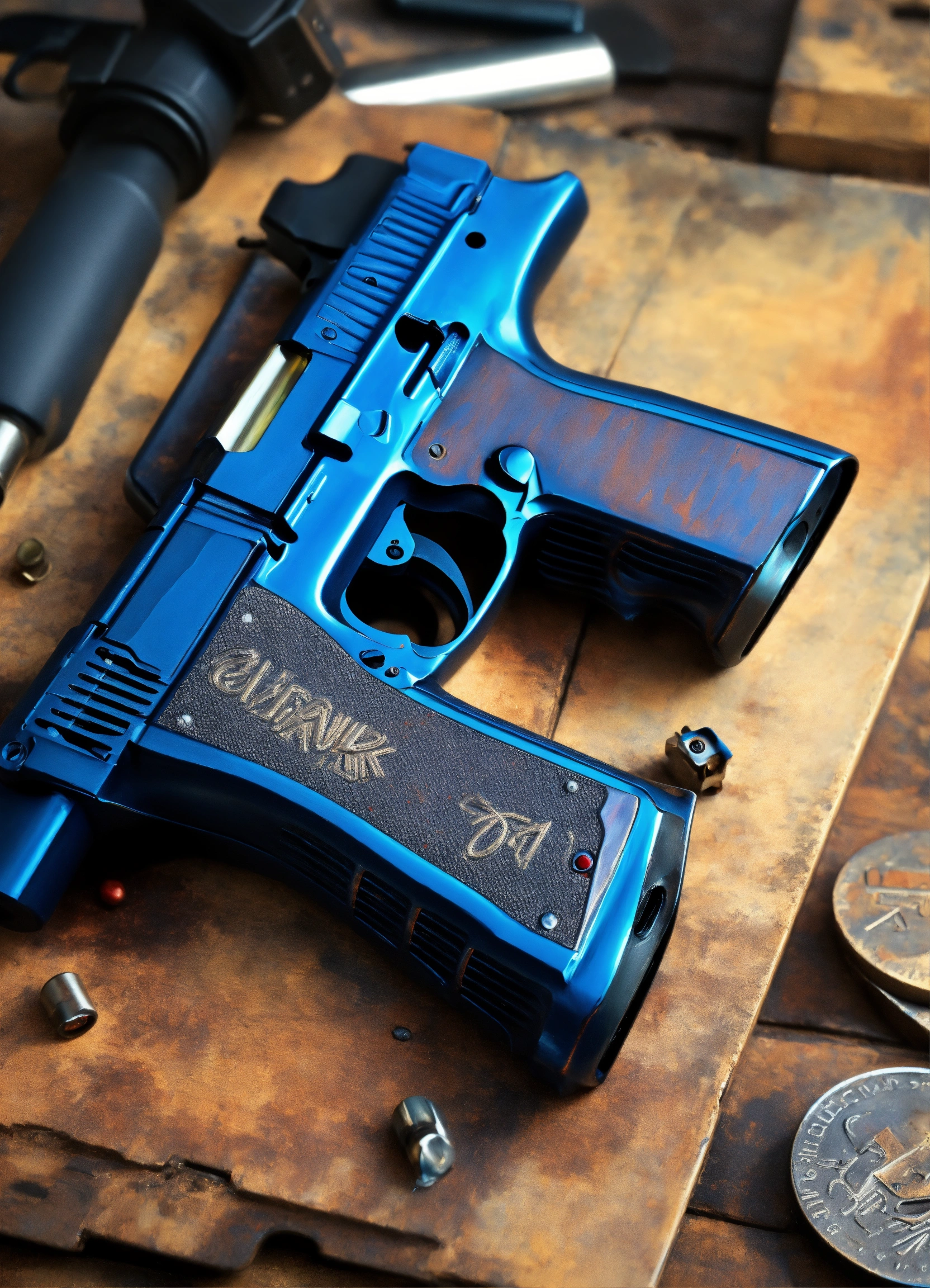 Lexica - Cyberpunk handgun 45 8 round magazine, Metalic gun blue gritty ...