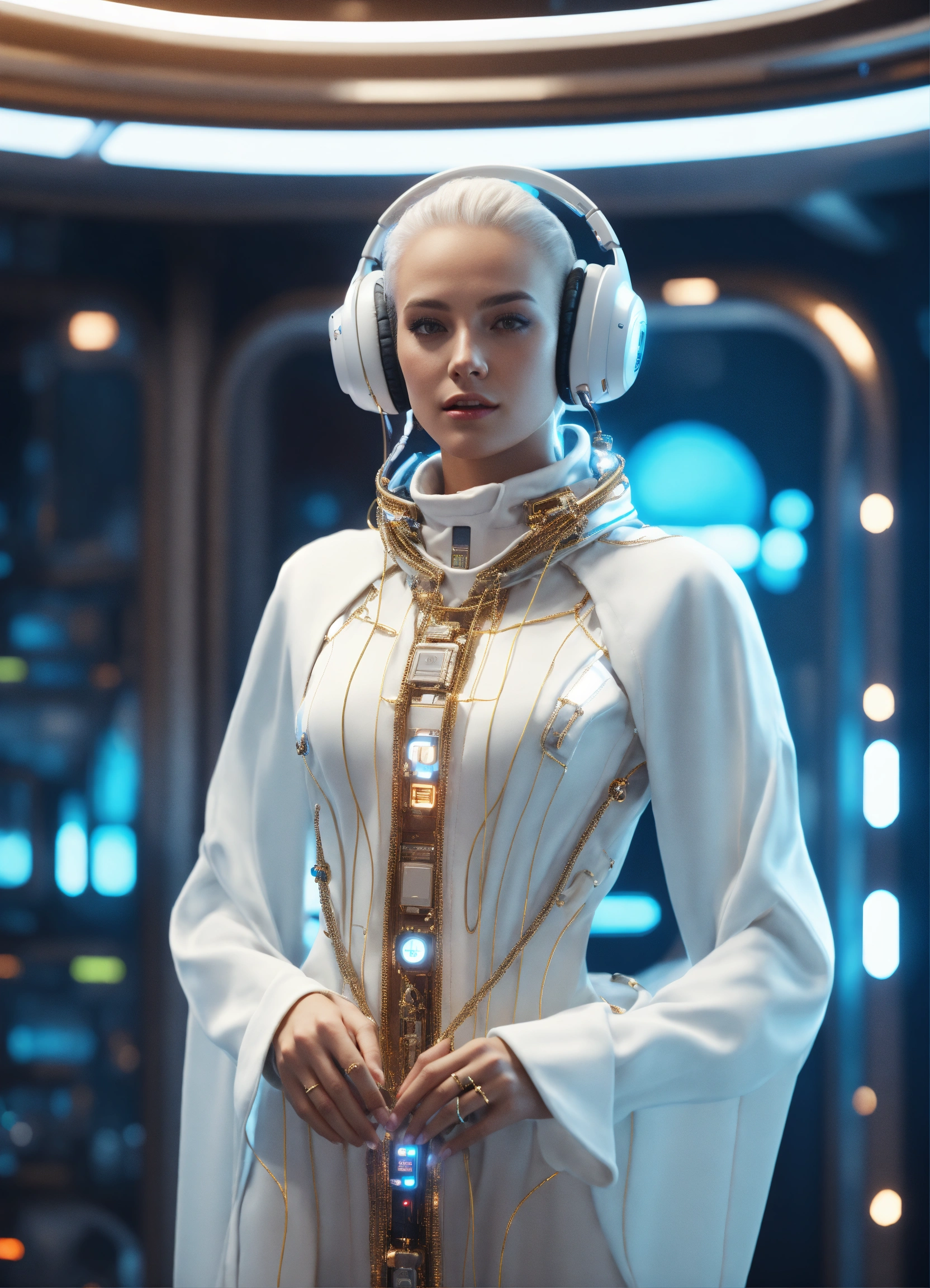 Lexica - Zoom out from a white humanoid, wearing a fancy space robe ...