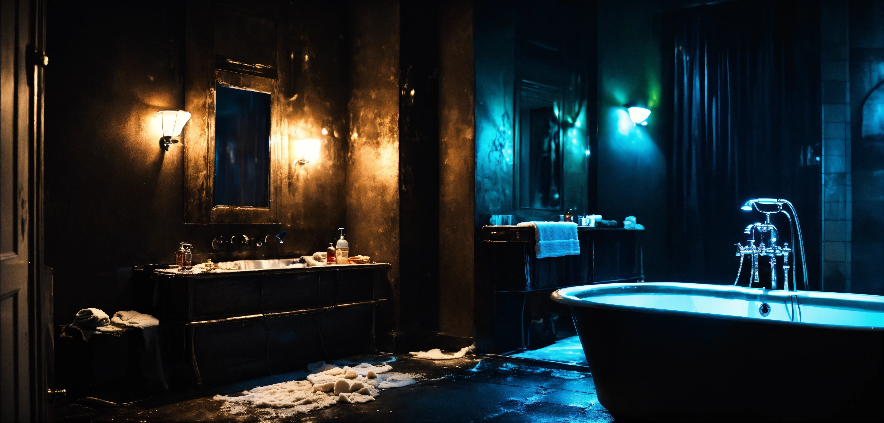 Lexica - Cinematic look, urban dirty bathroom by night bathtub full of ...