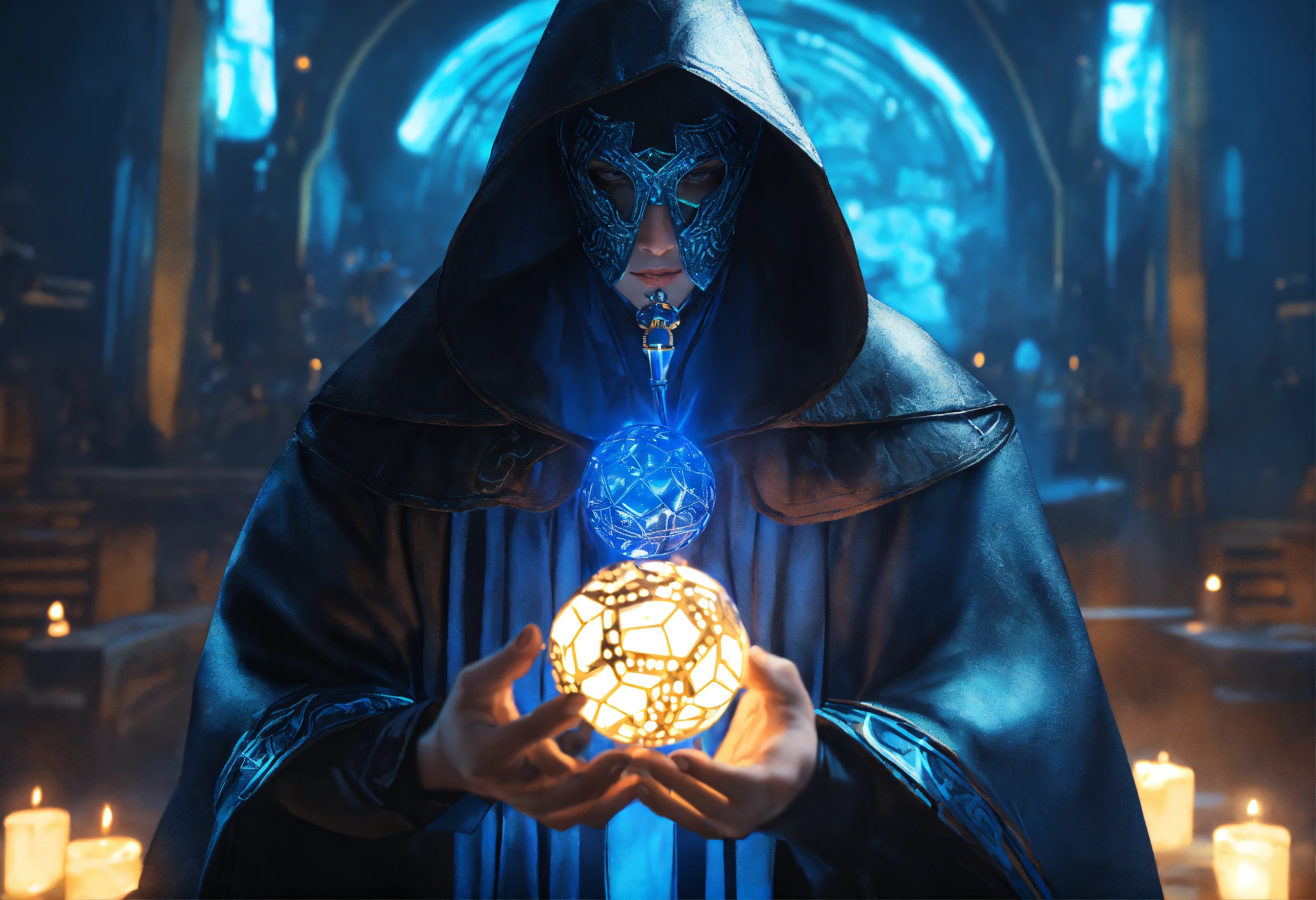 Lexica - A black and blue cloaked half masked sorcerer casting a spell ...