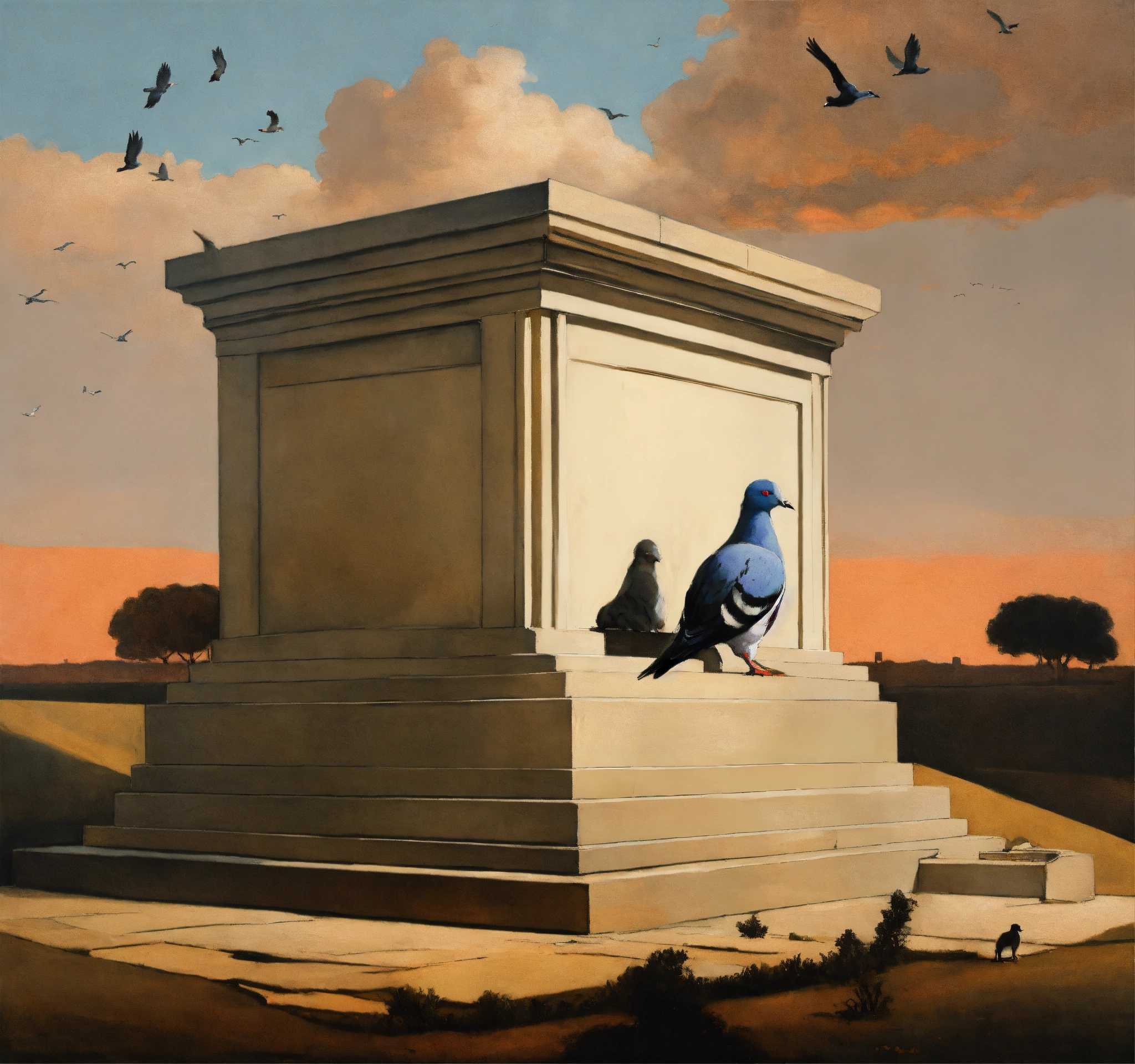 Lexica - Landscape with one pigeon hugging one cat on a huge tomb of ...
