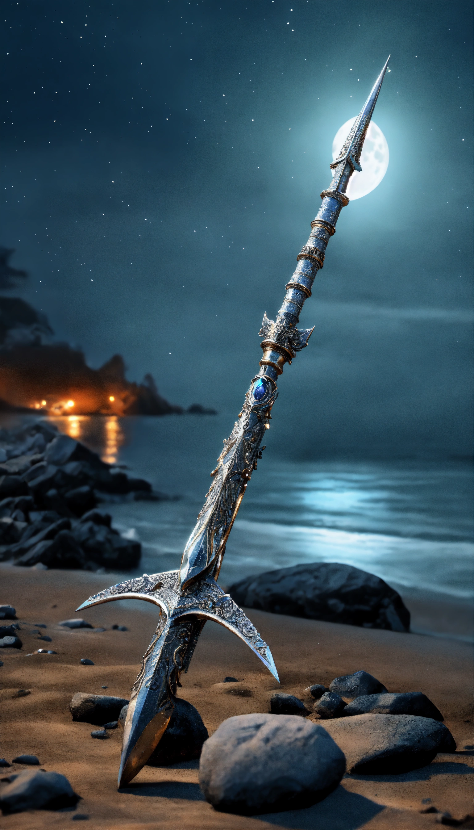 Lexica - 8k, picture of a very long gezackte harpoon with barbs made of ...