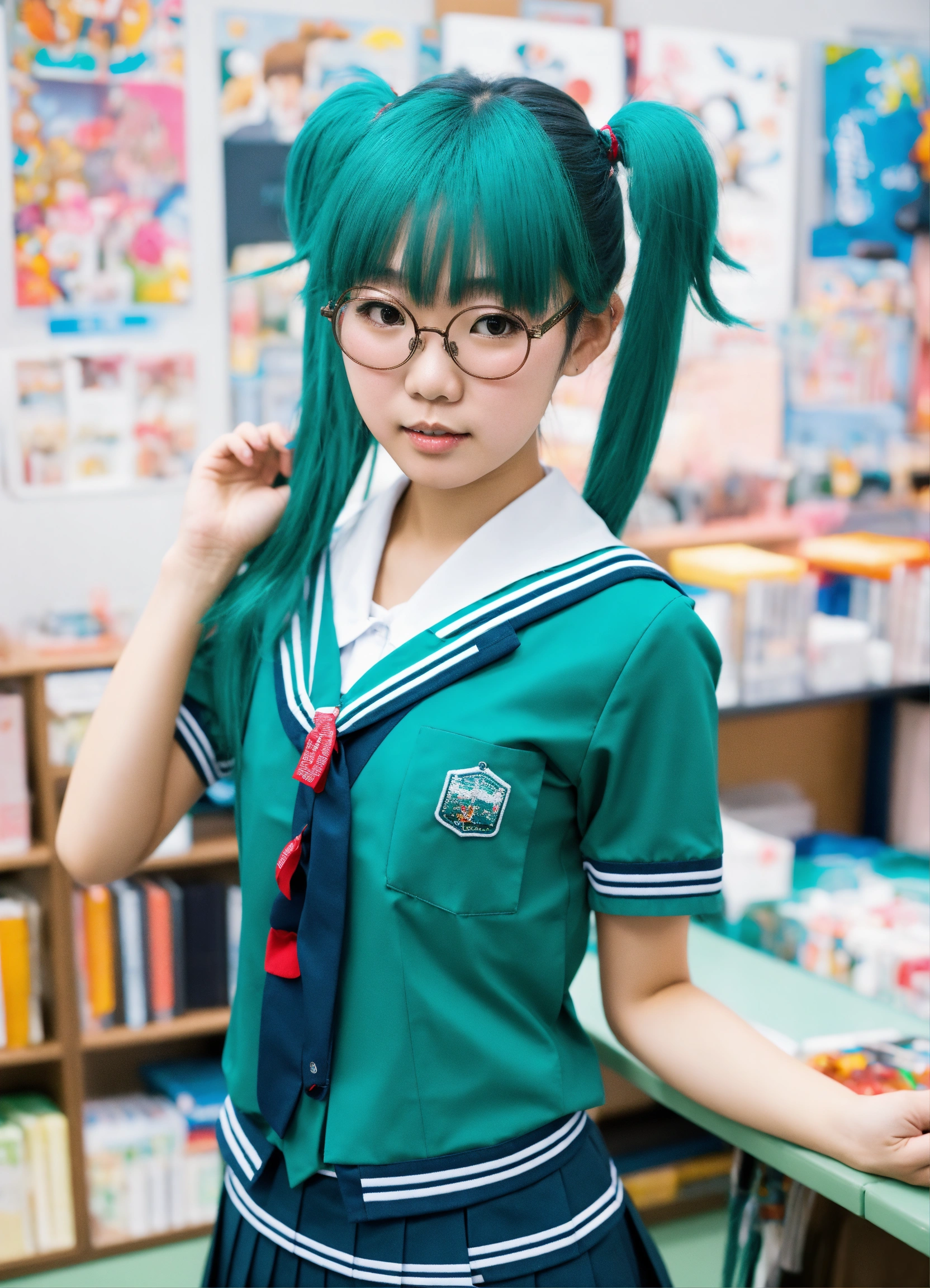 Lexica - Japanese Girl with twin tails and glasses in teal plastic ...
