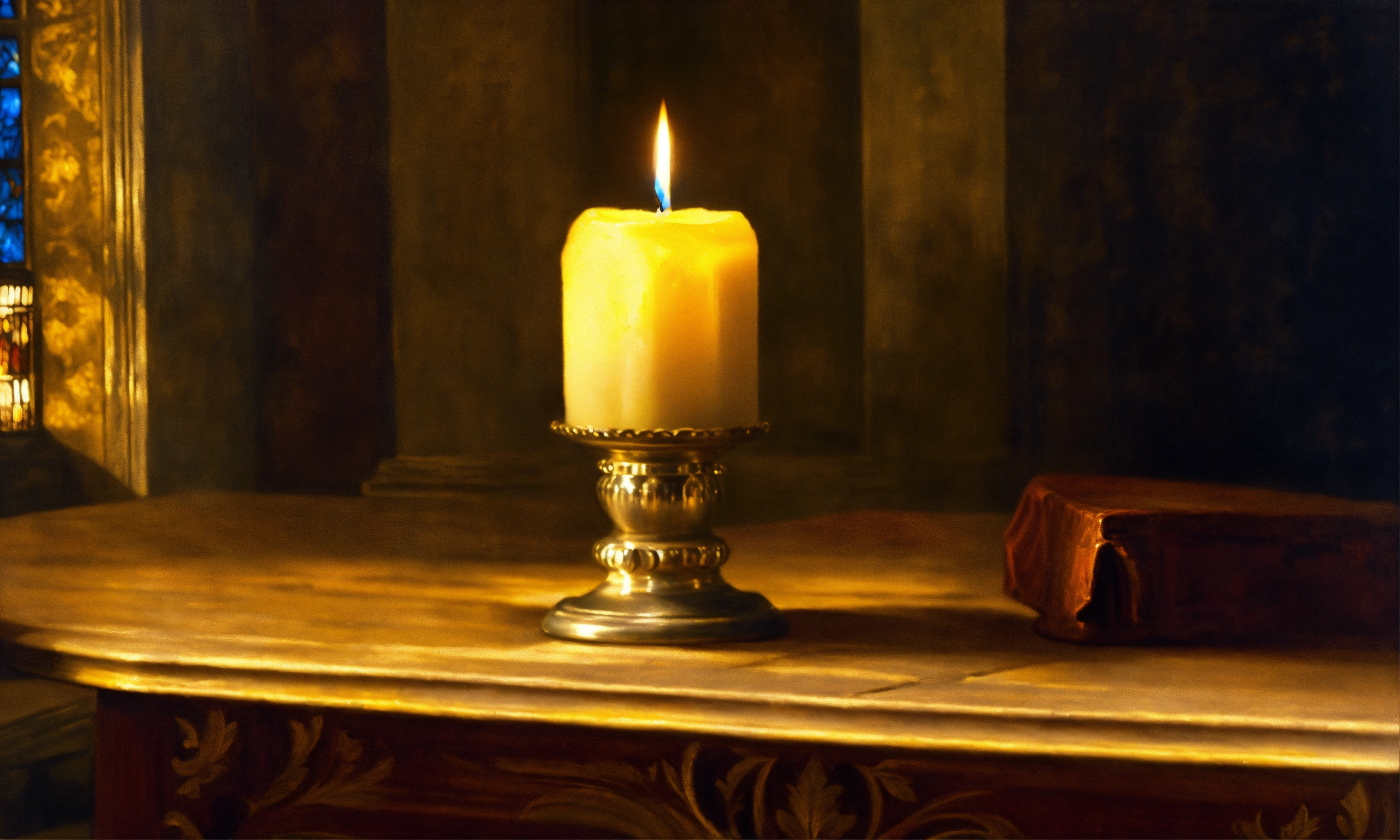 Lexica - Renaissance oil painting of a lit candle on a church table