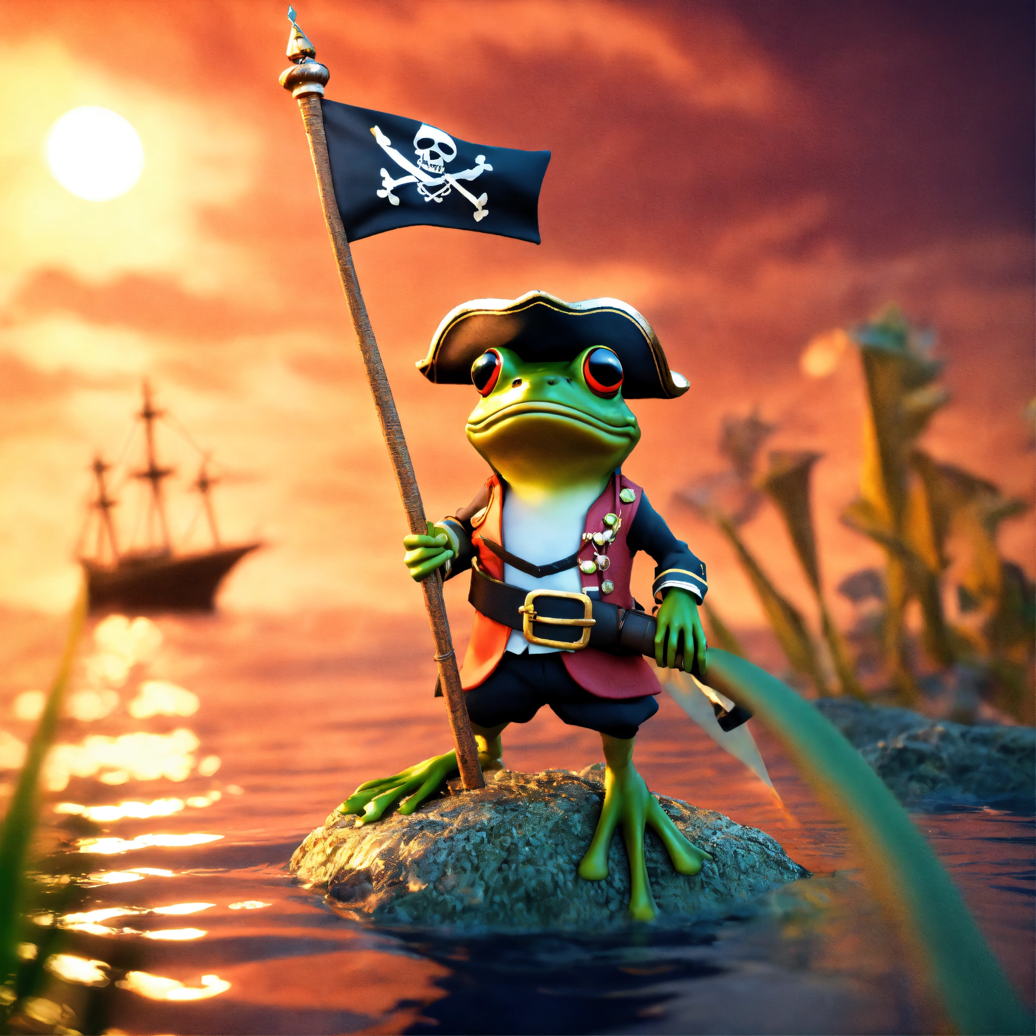 Lexica - Pirate frog, wearing a pirate hat, holding a pirate flag ...