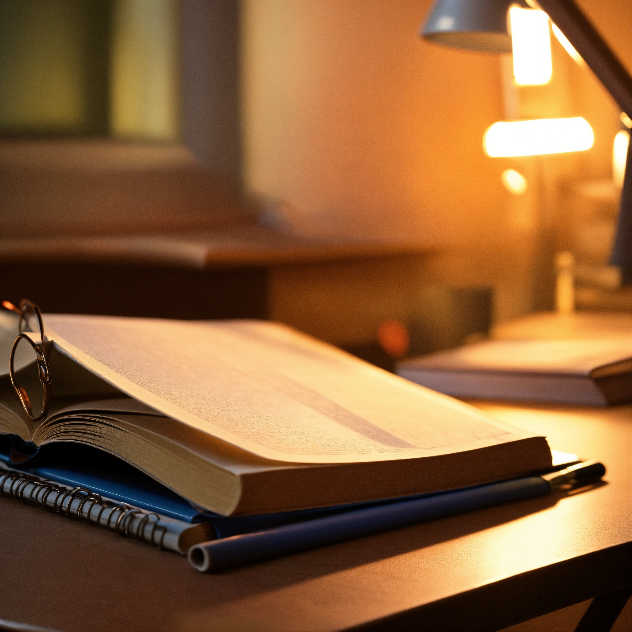 Lexica - Close up of Study book on desk, Evening, warm