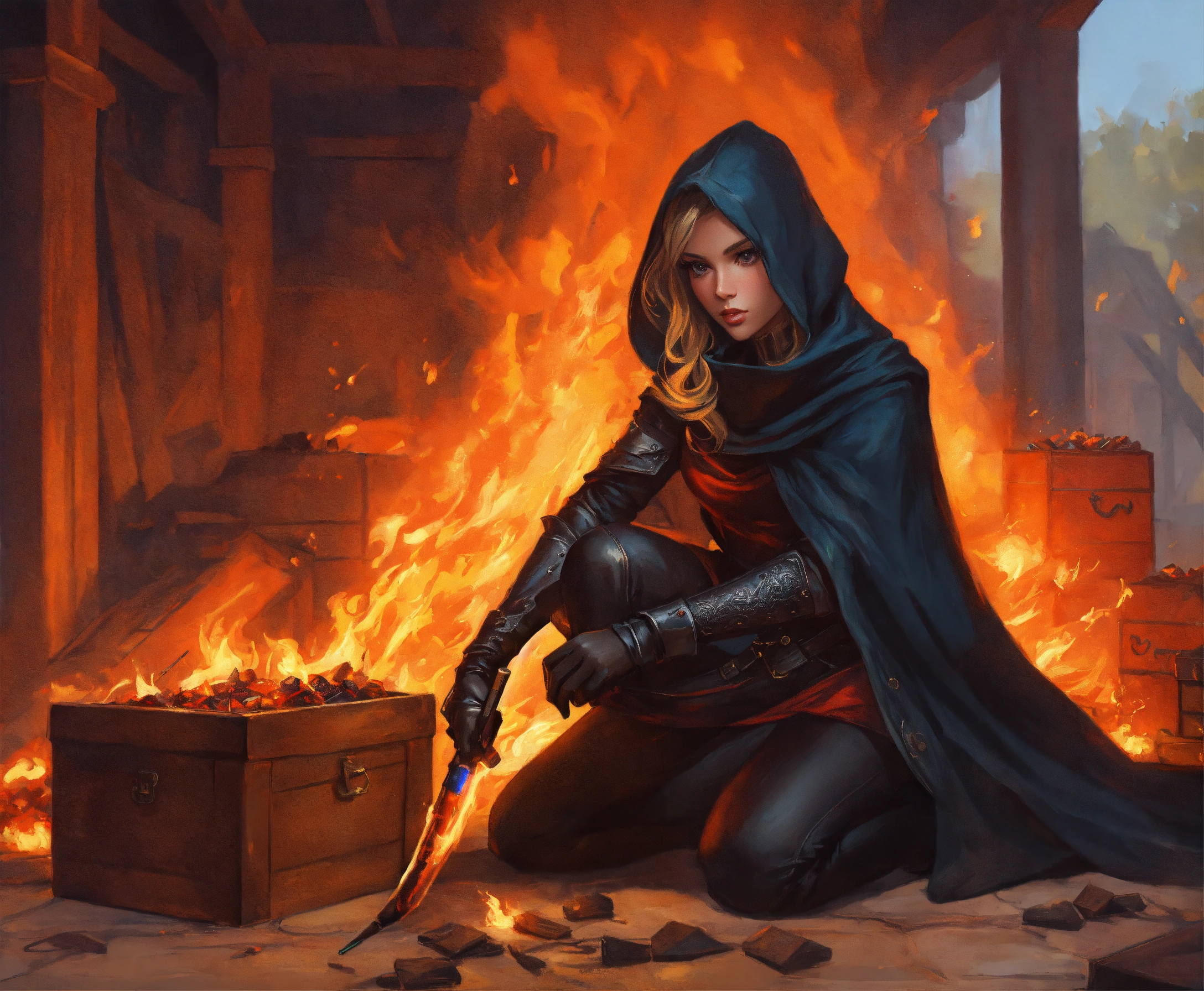 Lexica - Fantasy Painting, medieval female Thief in black cowl, places ...