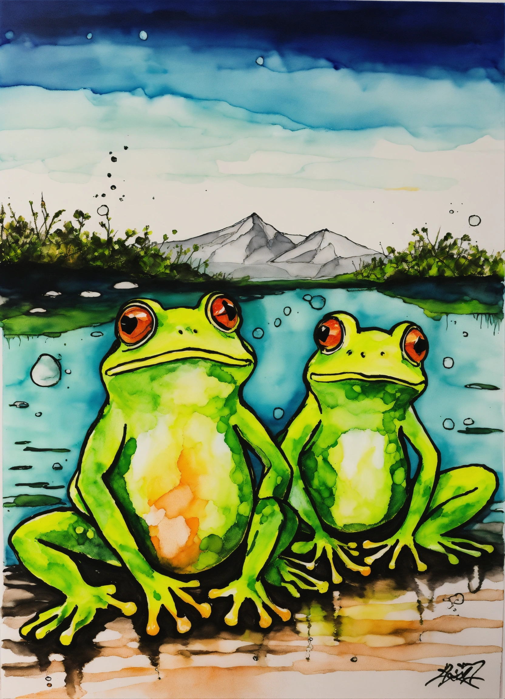 Lexica - Two frogs on lake drinking coke, alcohol ink, alcohol marker ...